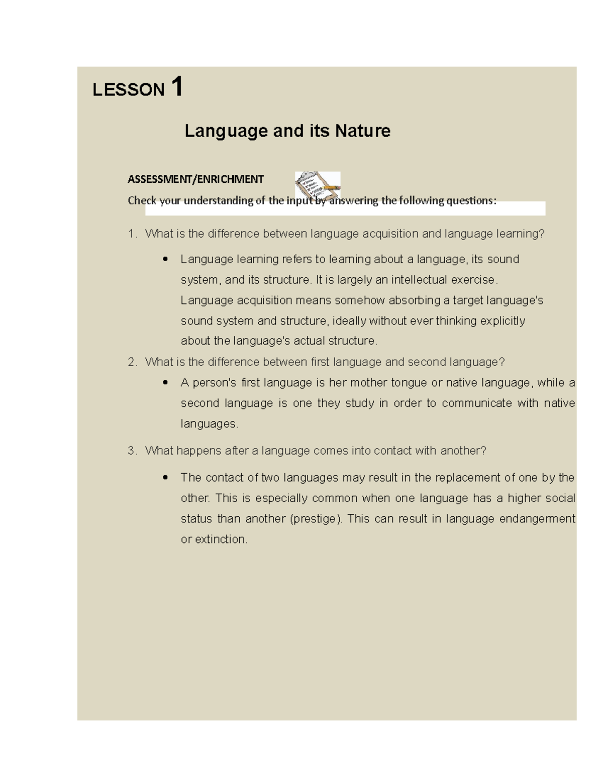 Chapter 1-3 - to help - LESSON 1 Language and its Nature What is the ...