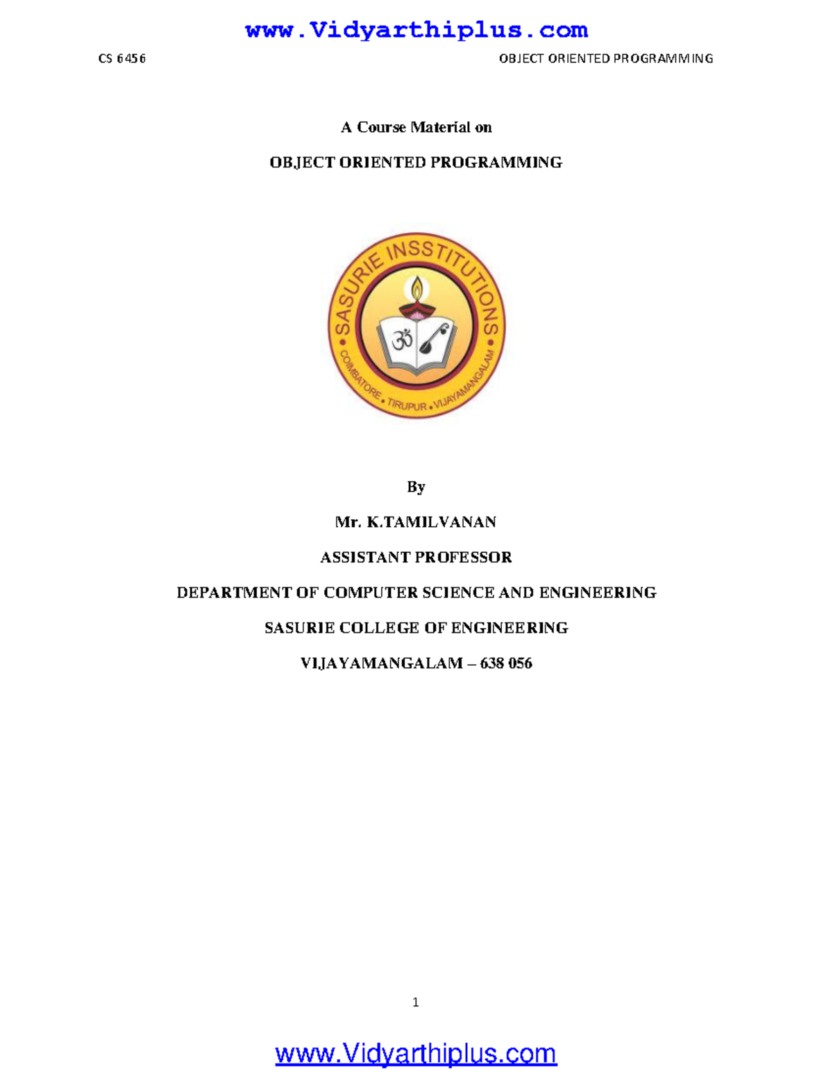 A Course Material on OOP - CS 6456 OBJECT ORIENTED PROGRAMMING 1 A Course Material on OBJECT ...