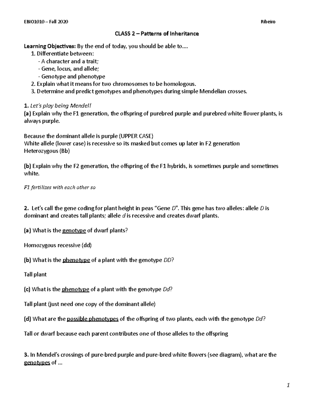 Class 2 – Handout - EBIO1010 – Fall 2020 Ribeiro CLASS 2 – Patterns of ...