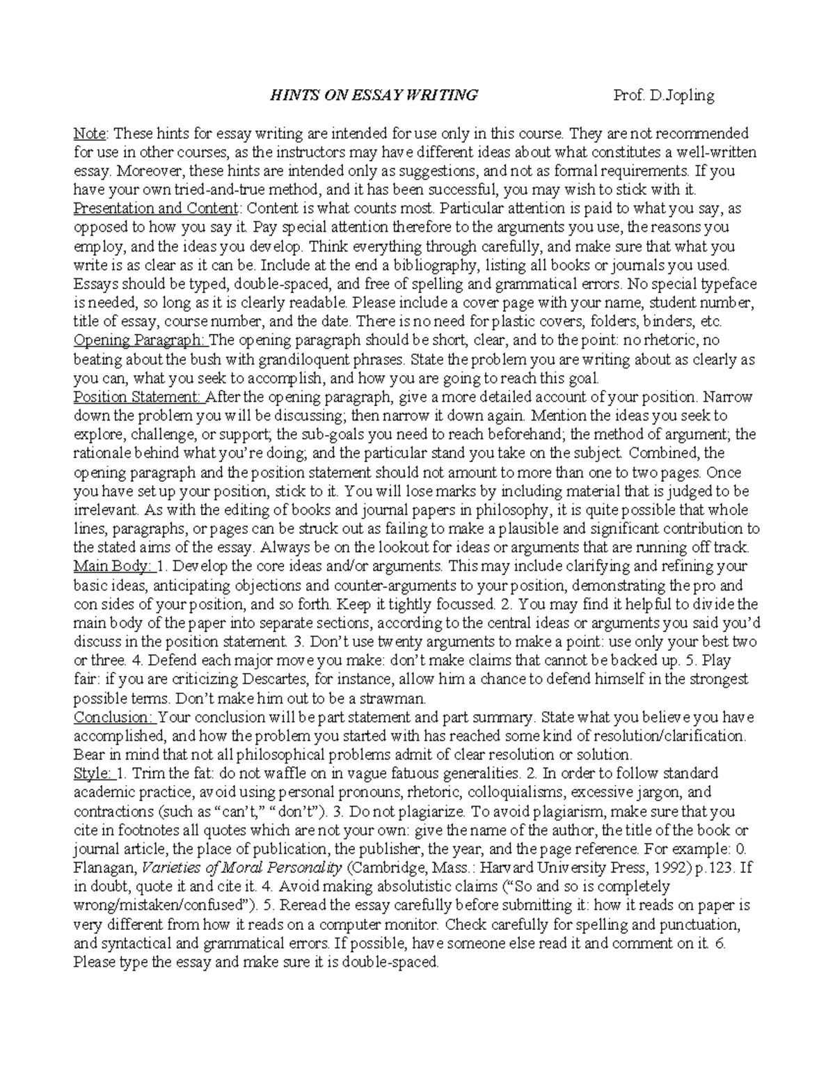 lecture notes on writing - HINTS ON ESSAY WRITING Prof. D Note: These ...