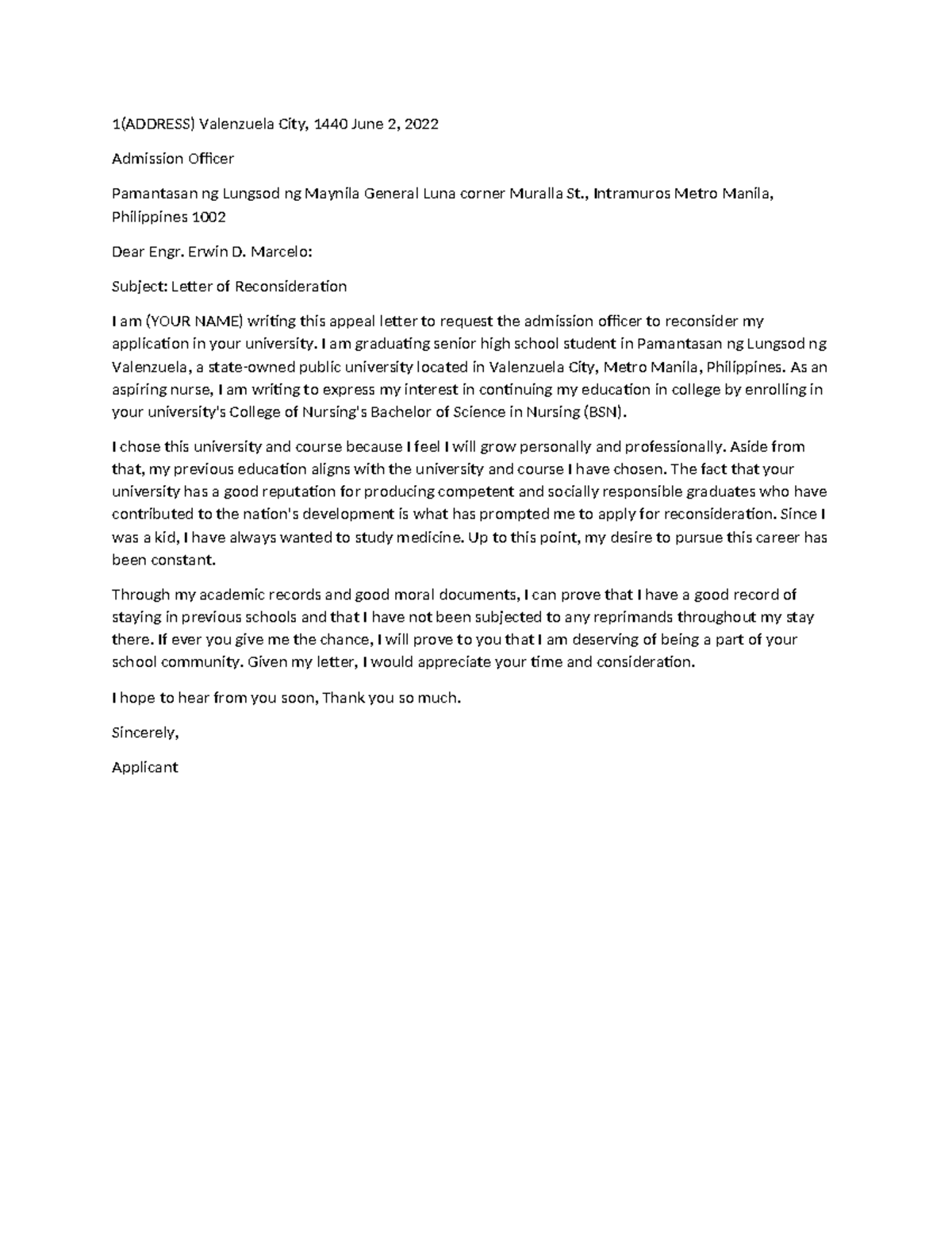 Recon Letter - How to - 1(ADDRESS) Valenzuela City, 1440 June 2, 2022 ...
