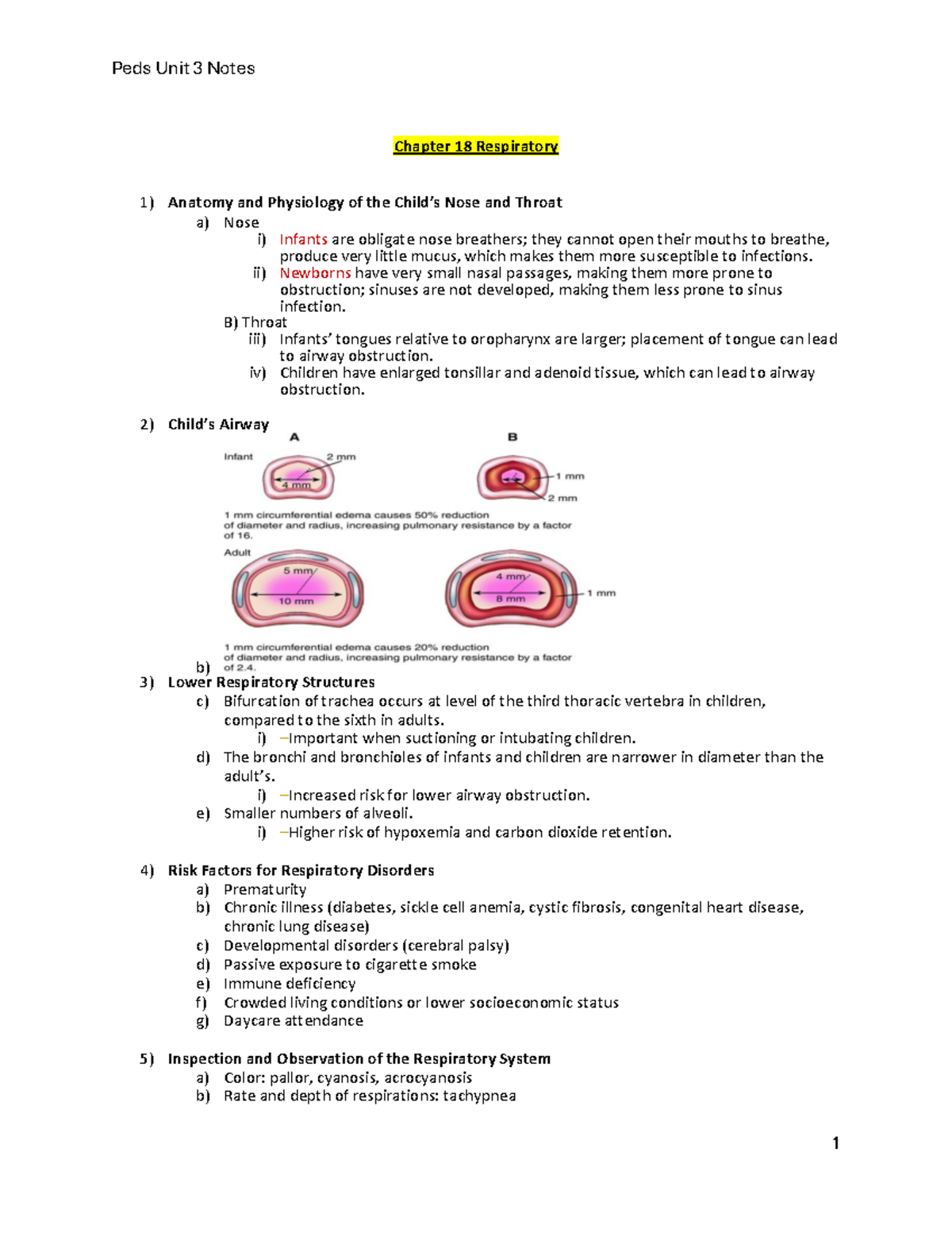 Peds Unit 3 Notes - pediatric - Chapter 18 Respiratory Anatomy and ...