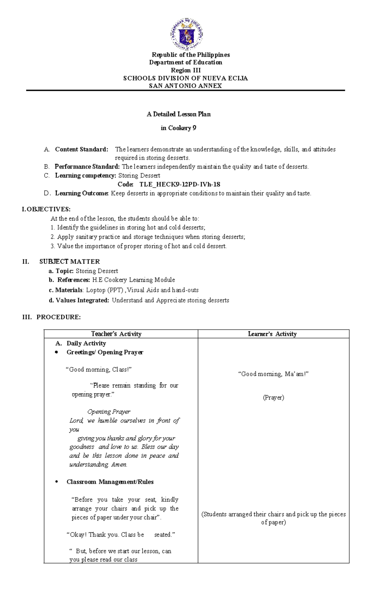 Storing Dessert (JHS- Tlehecookery) - Republic of the Philippines ...
