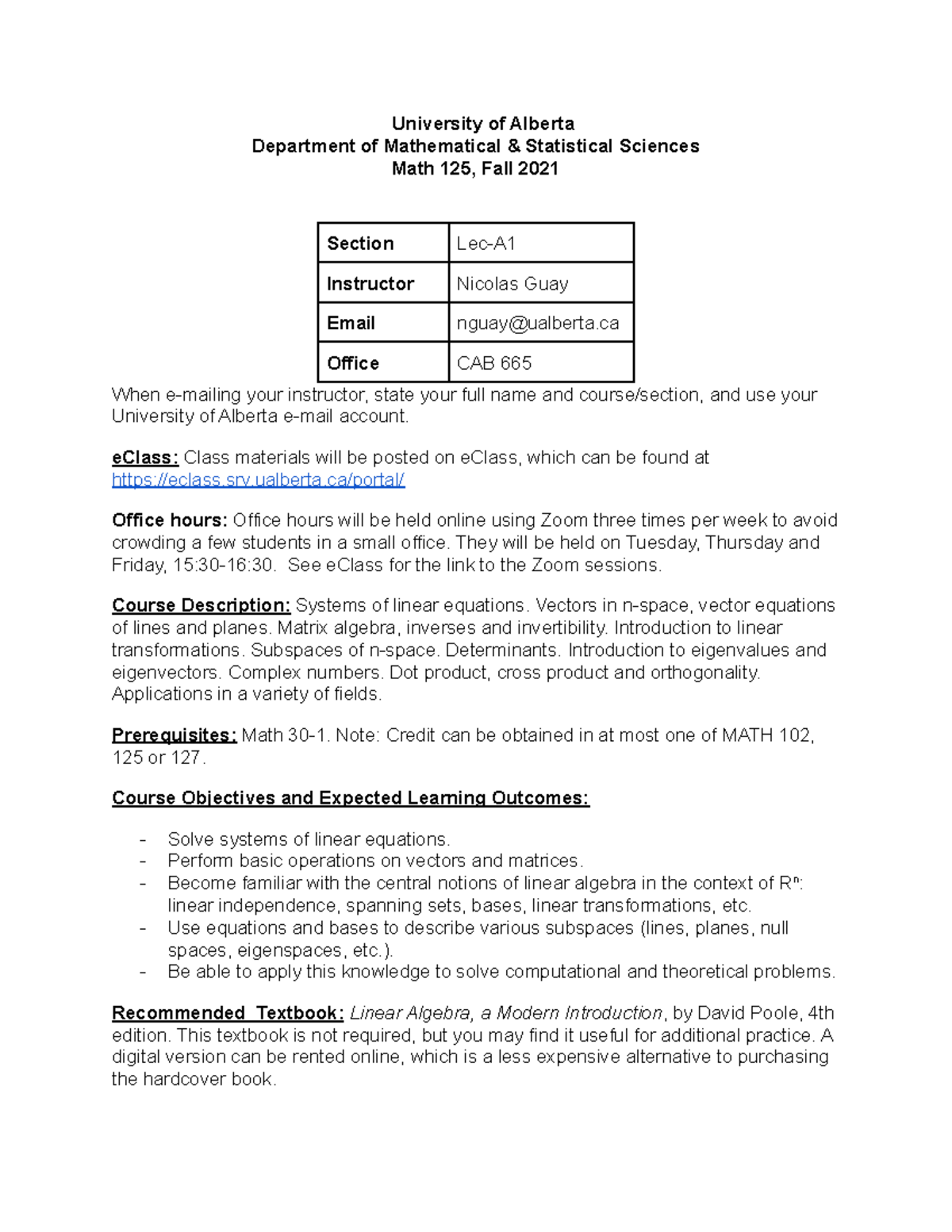 MATH125 Fall 2021 A1 Syllabus - University of Alberta Department of ...