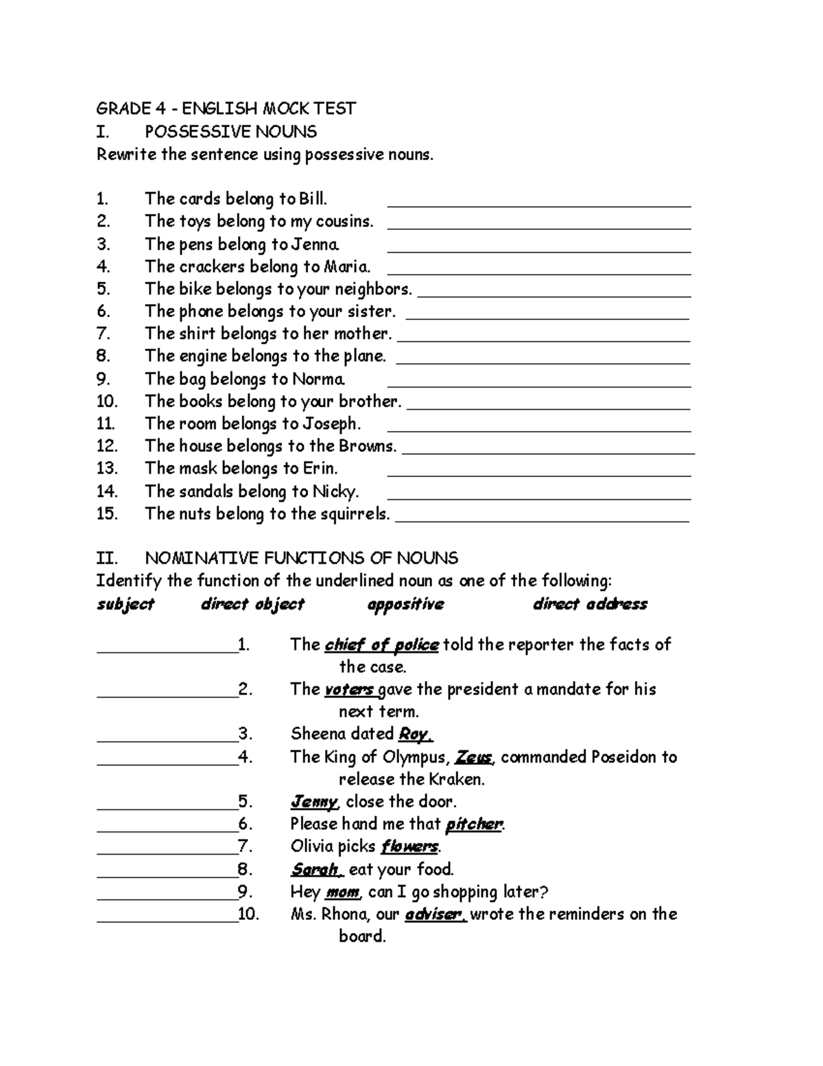 Grade 4 - English MOCK TEST - GRADE 4 - ENGLISH MOCK TEST I. POSSESSIVE ...