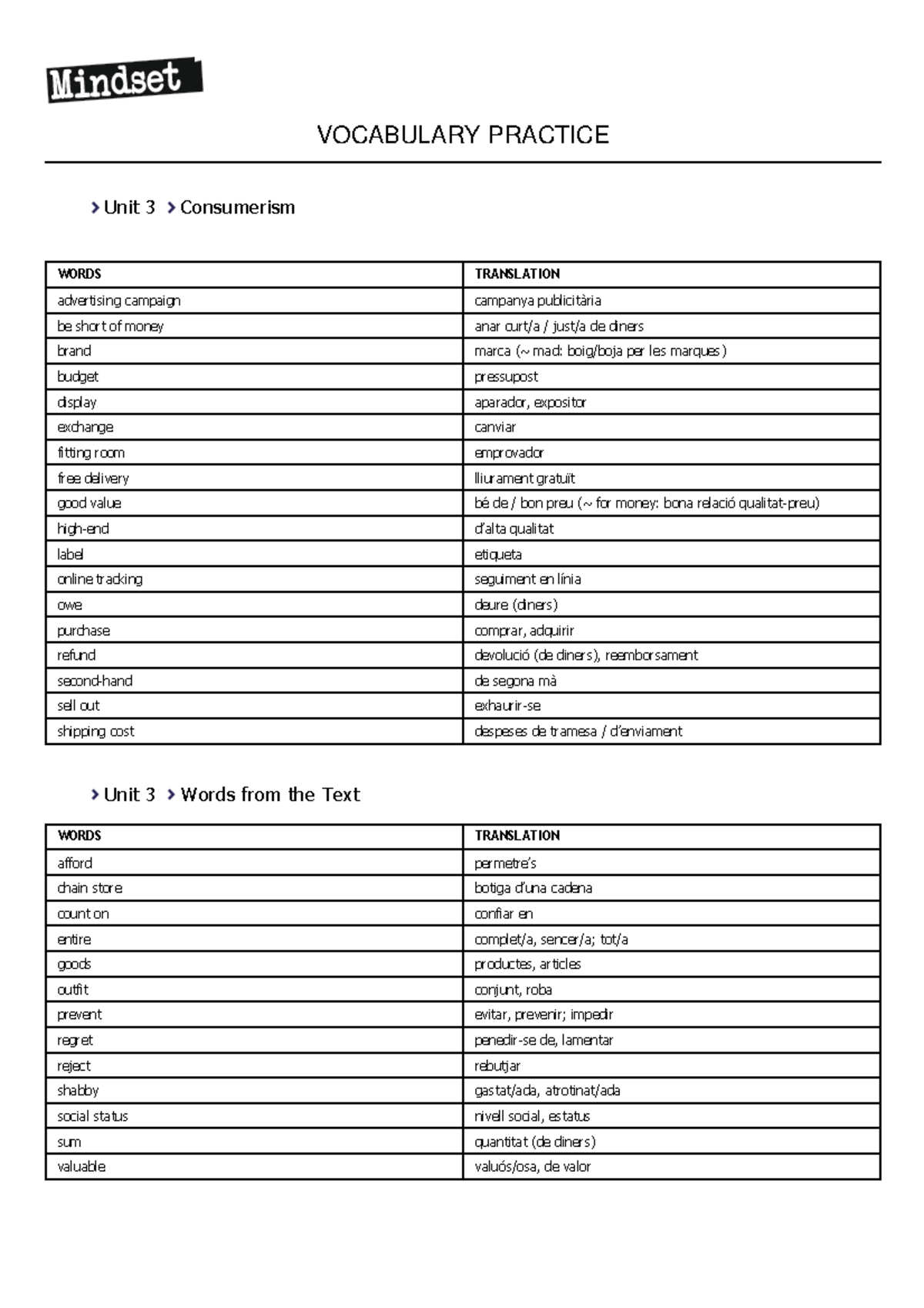 Mindset unit3 vocabulary - VOCABULARY PRACTICE Unit 3 Consumerism WORDS TRANSLATION advertising ...