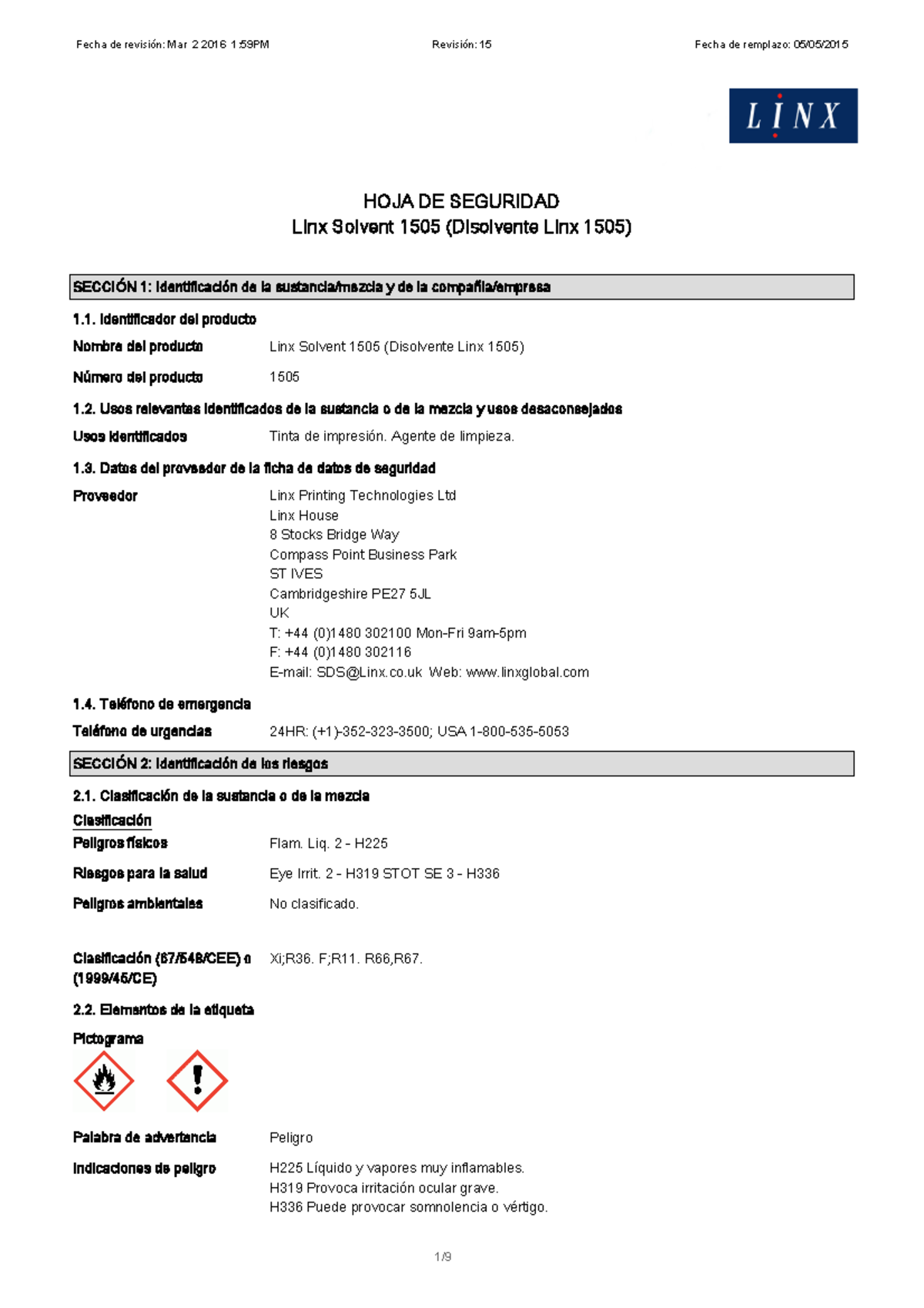 Linx Solvent 1505 - wefwe - HOJA DE SEGURIDAD Linx Solvent 1505 ...