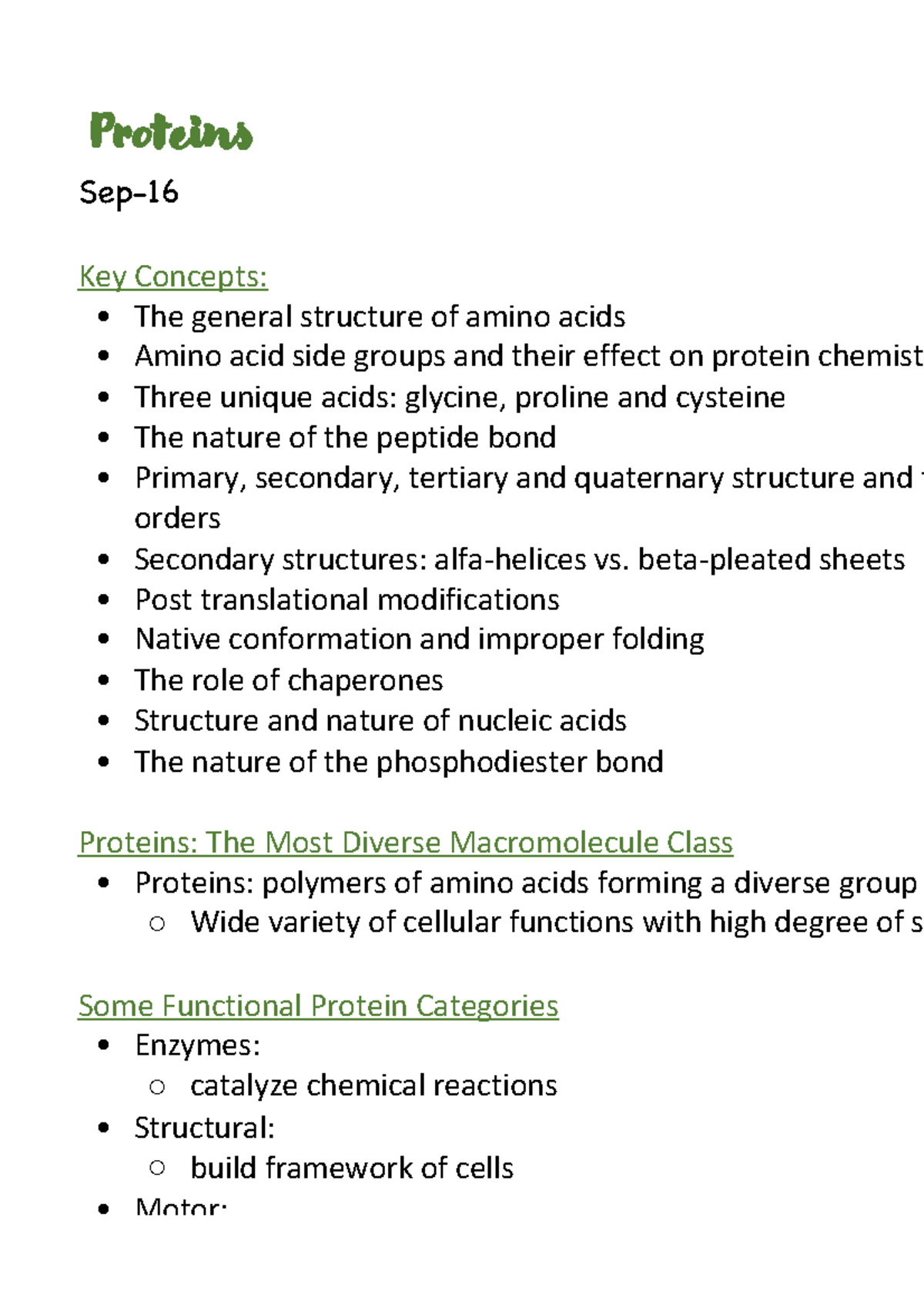 Proteins - Lecture notes 1 - Sep- 16 Key Concepts: - The general ...