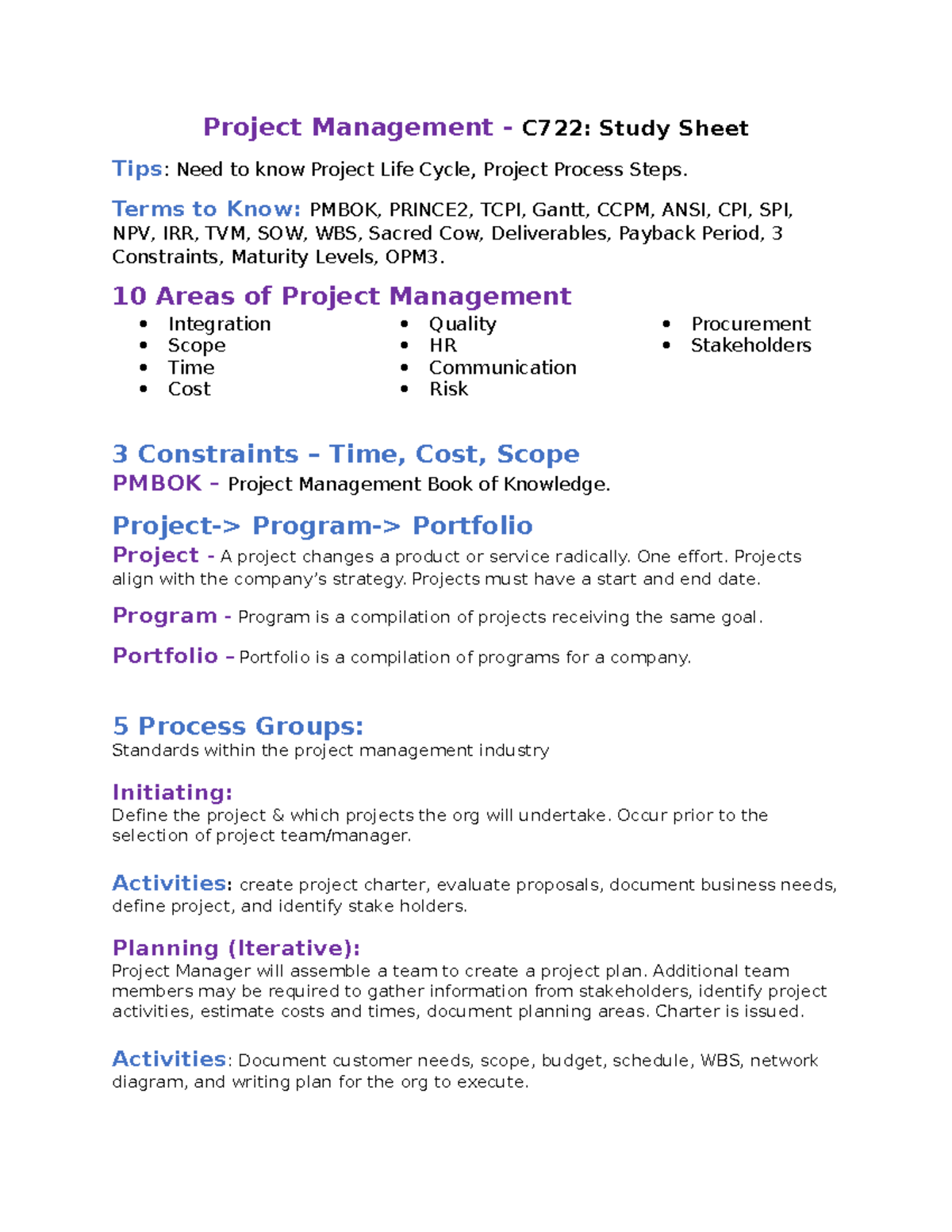 Project Management - Notes - Project Management - C722: Study Sheet ...