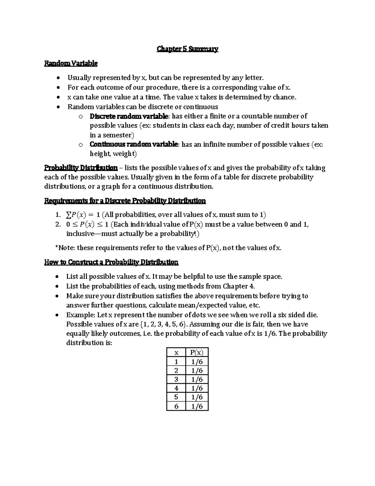 Chapter 5 Summary-Fa19 - Chapter 5 Summary Random Variable Usually ...