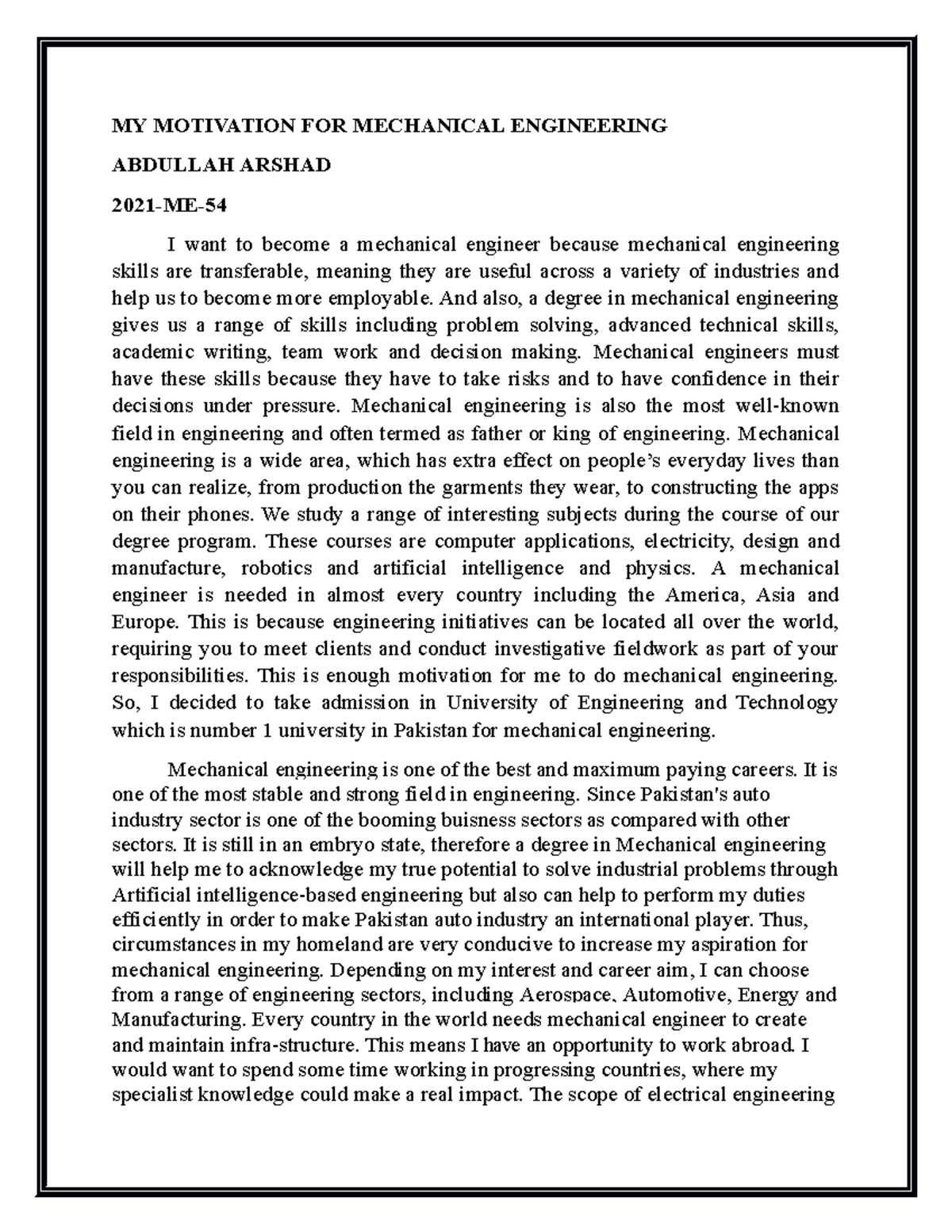 2021-ME-54 Motivation for mechaniccal - MY MOTIVATION FOR MECHANICAL ...