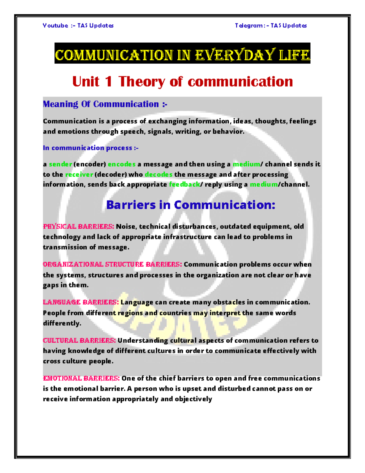Communication In Everyday life Unit 1 - In communication process :- a ...