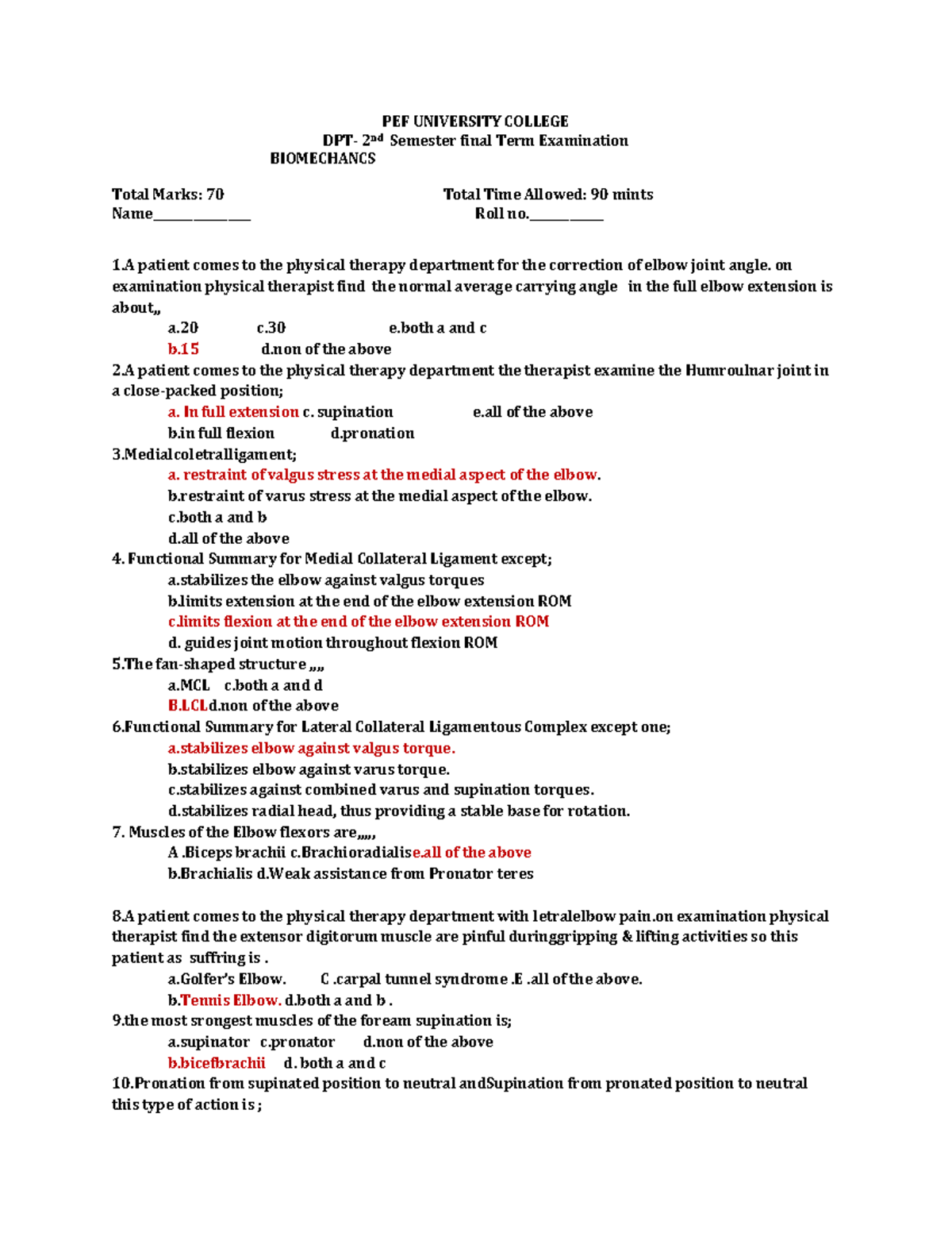 Biomechanics 2nd final paper - PEF UNIVERSITY COLLEGE DPT- 2 nd ...
