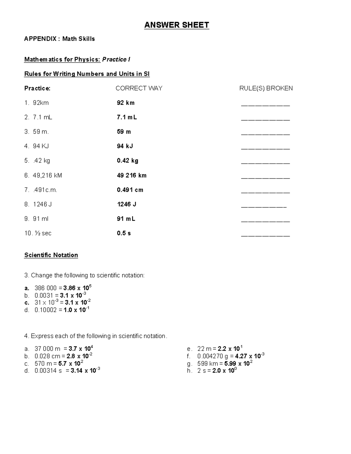 0.0 MATH FOR Physics Answers! Very simple - ANSWER SHEET APPENDIX ...