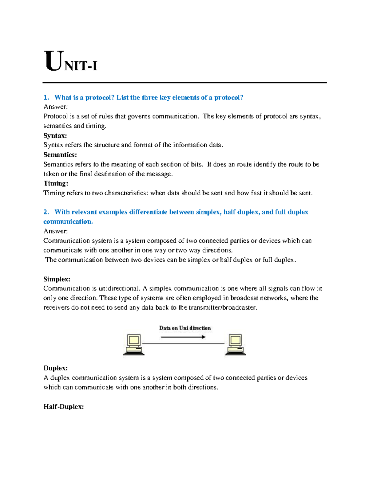 Unit1 - UNIT 22 - UNIT-I 1. What is a protocol? List the three key ...