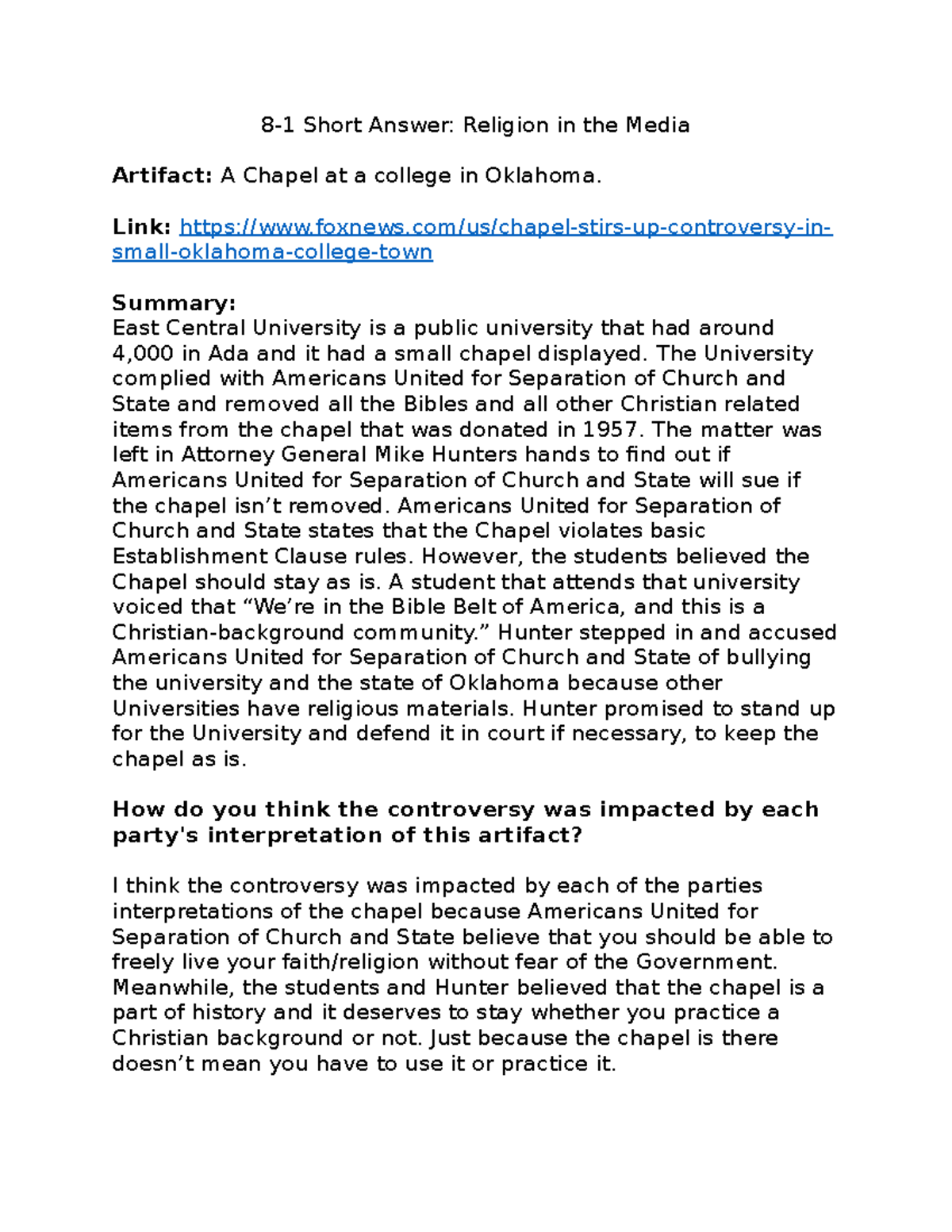 Religion in Media - 8-1 Short Answer: Religion in the Media Artifact: A ...