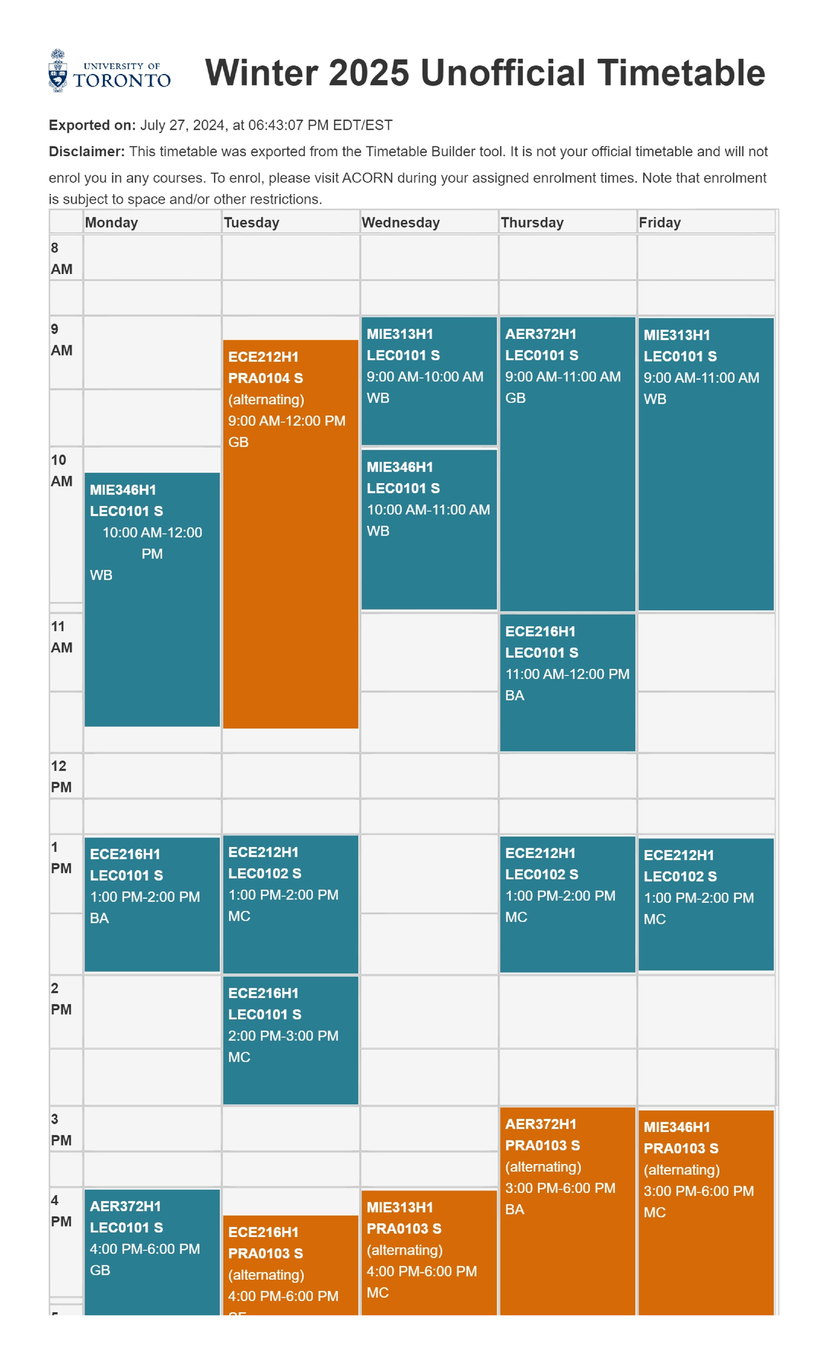 Timetablđwđwđwđư - UNIVERSITY OF TORONTO Winter 2025 Unofficial ...