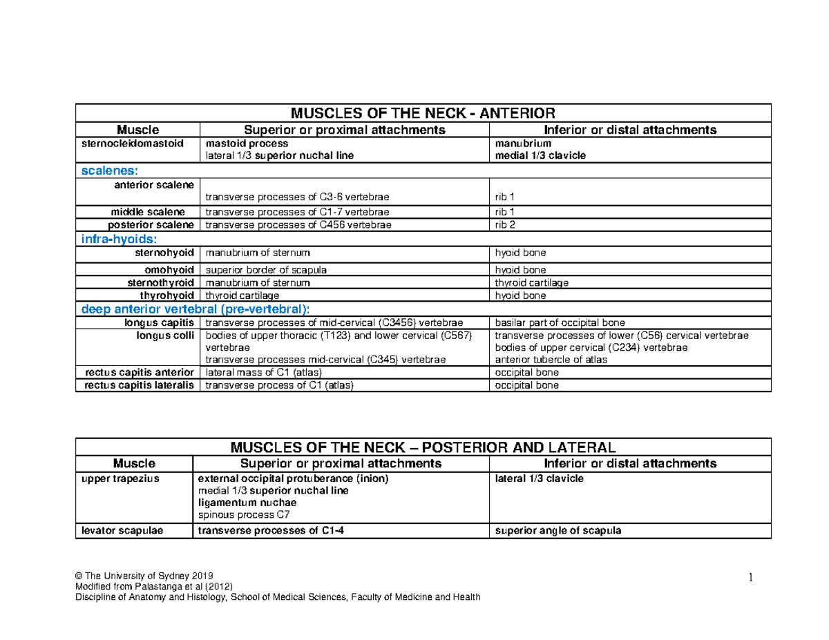 Neck Muscle Attachment Table 2019 - © The University of Sydney 2019 ...