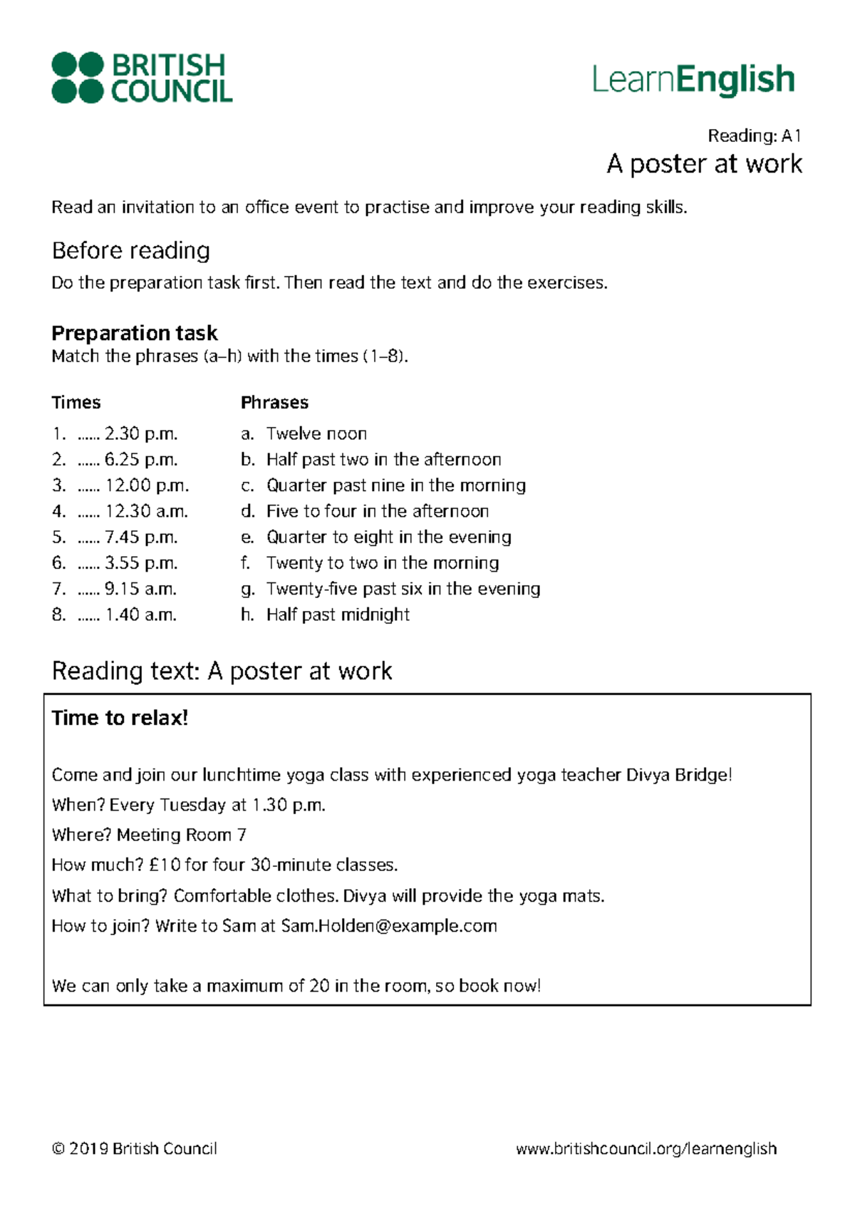 Learn English-Reading-A1-A-poster-at-work KEY - © 2019 British Council ...
