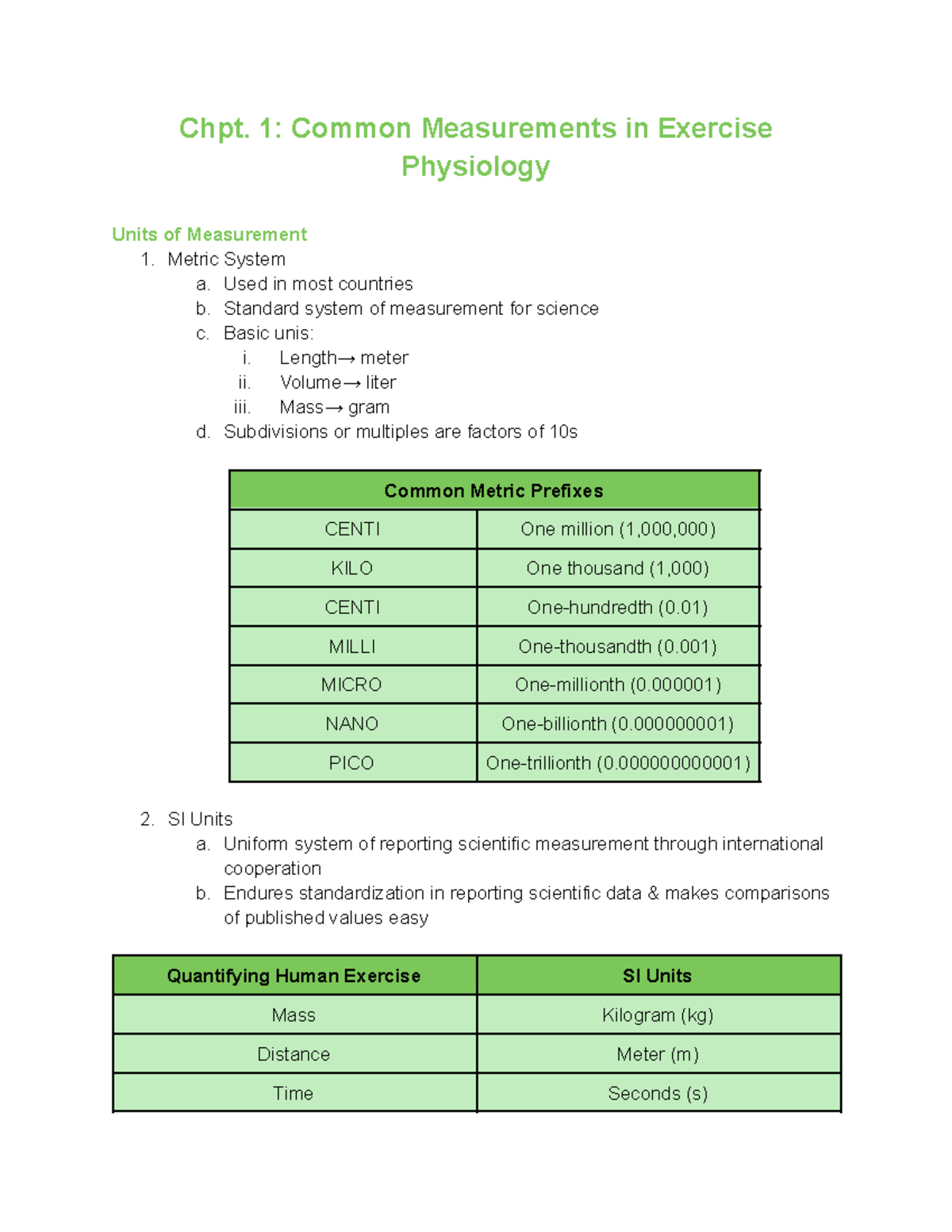 Chpt 1 - notes - Chpt. 1: Common Measurements in Exercise Physiology ...
