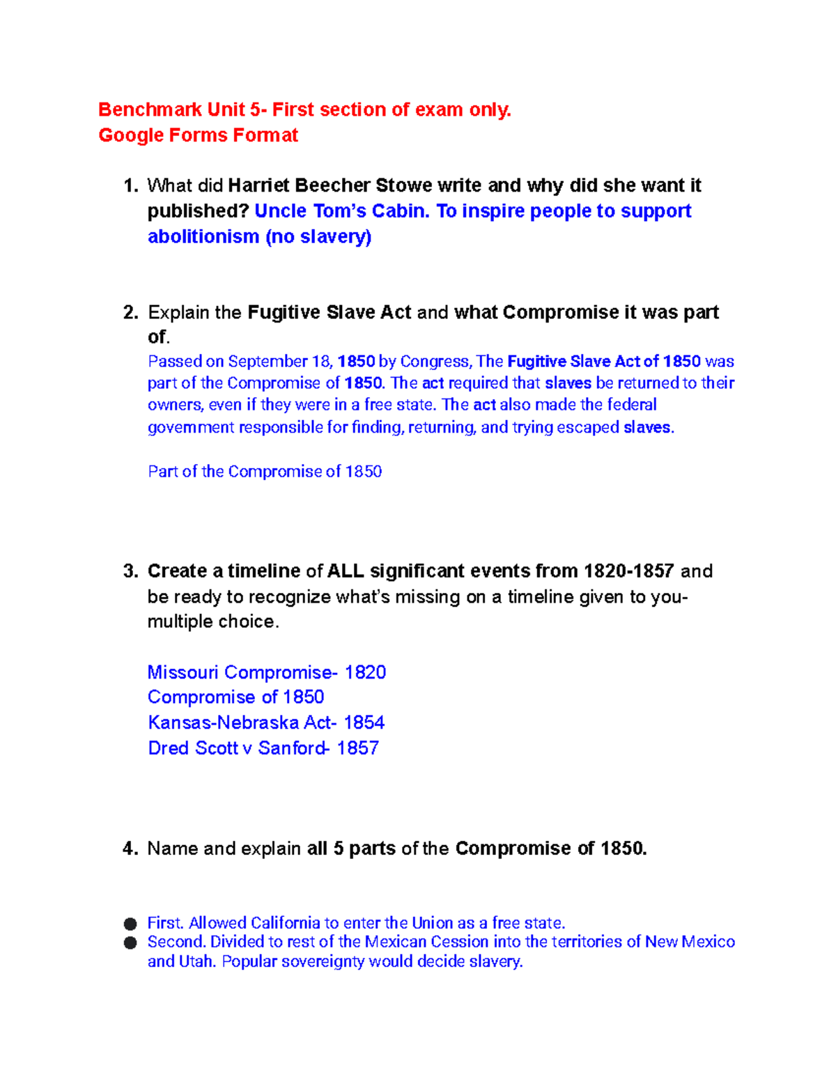 Copy of Benchmark Unit 5 KEY - First section of exam only - Benchmark ...