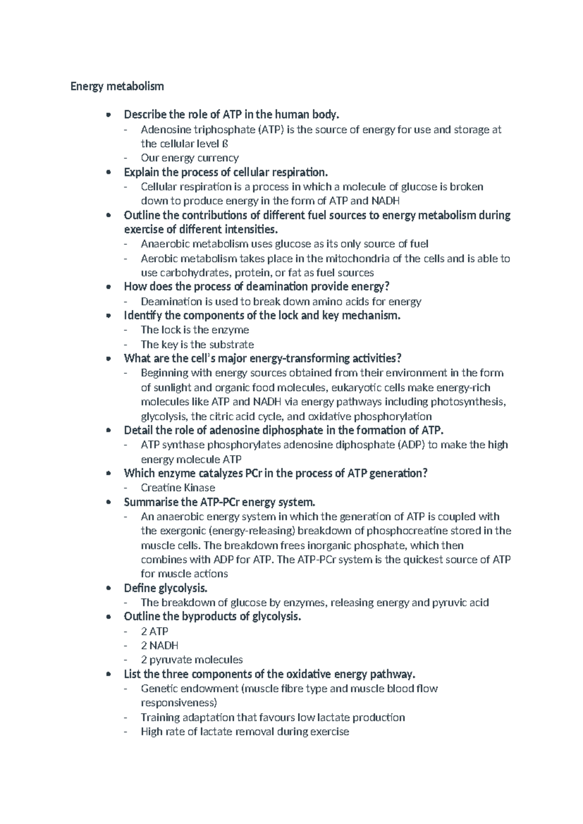 Exercise Physiology Study - Energy metabolism Describe the role of ATP ...