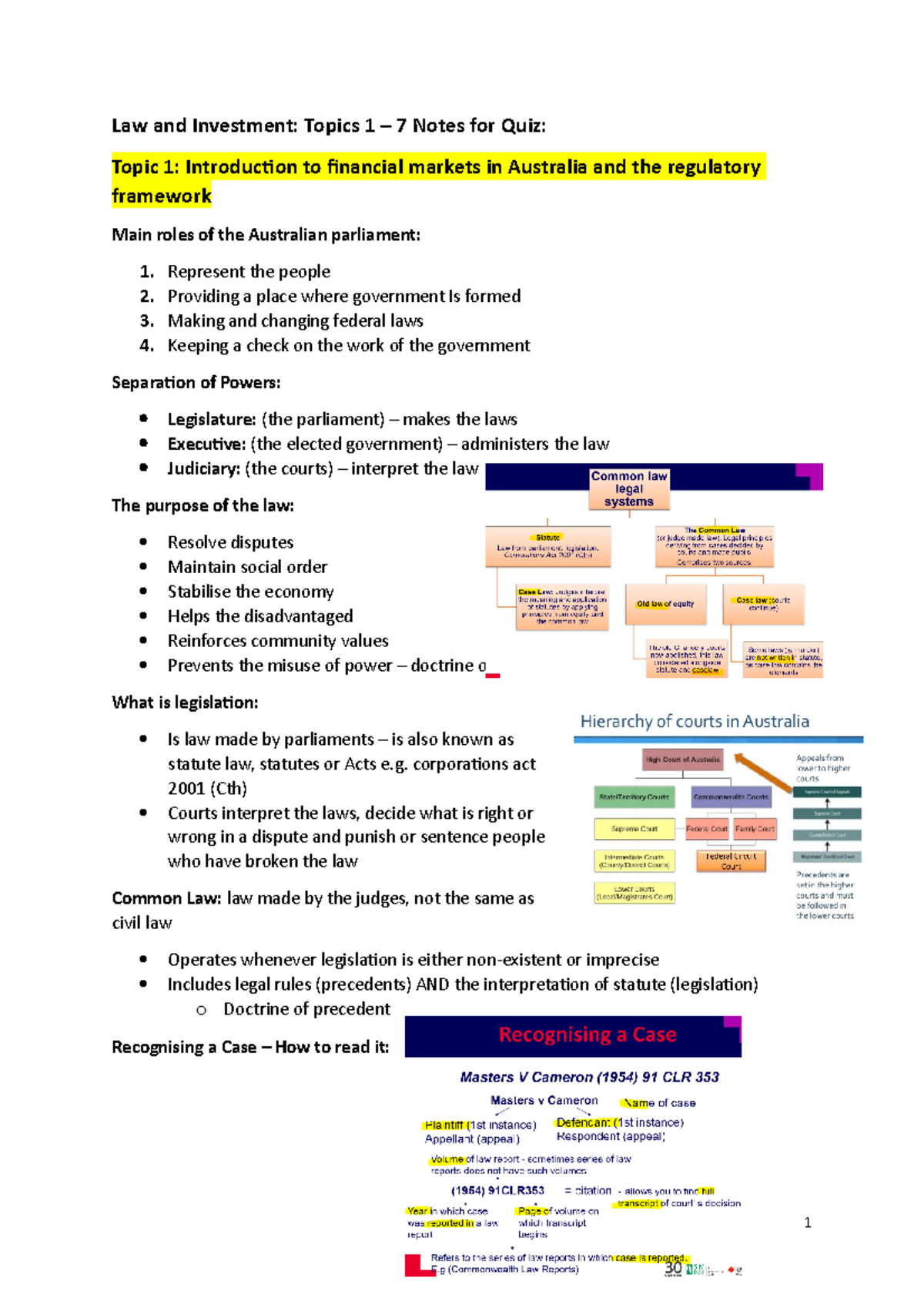 Law Notes Topics 1 6 - helpful for assessment 1 - Law and Investment ...
