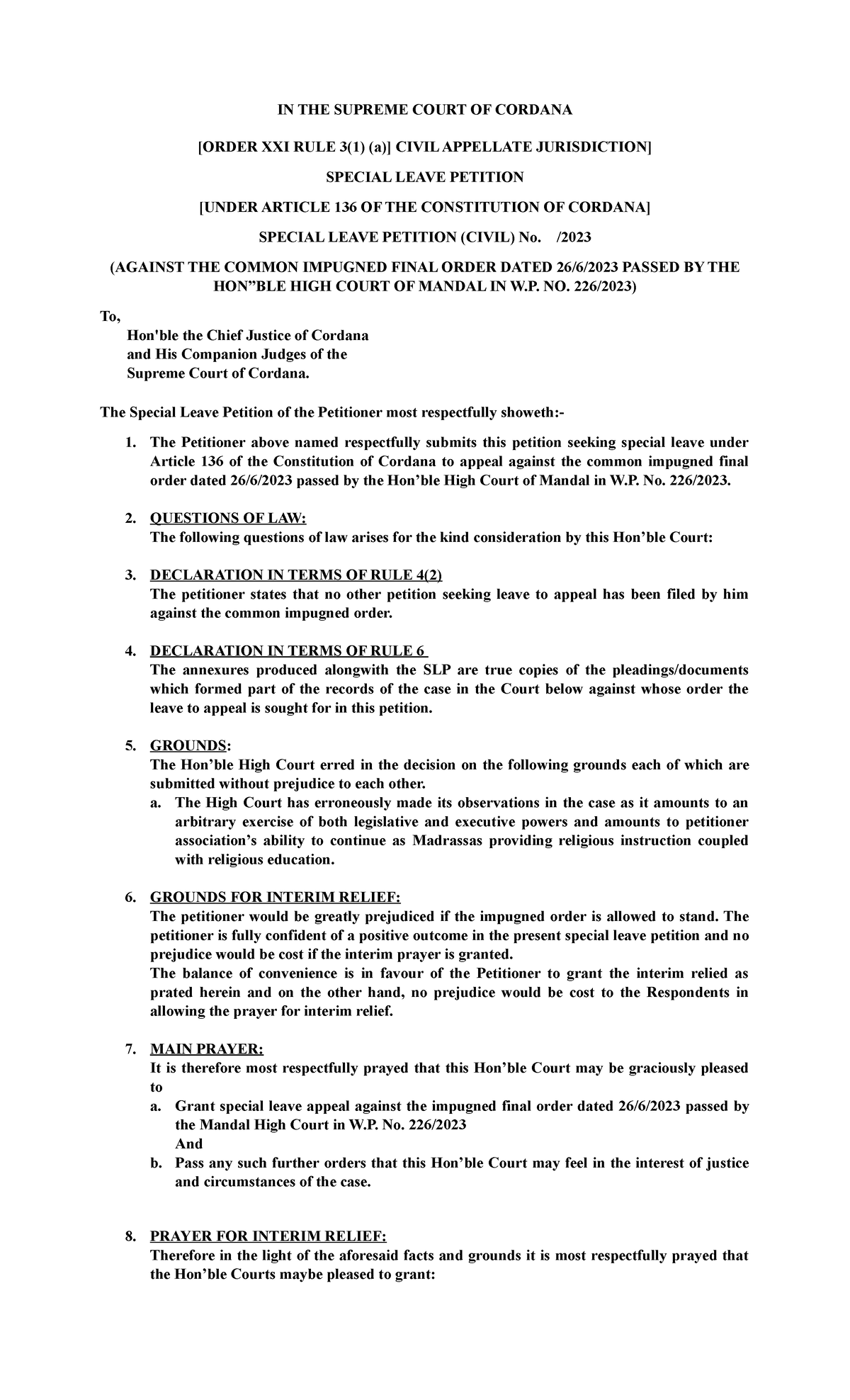 SLP - SLP - IN THE SUPREME COURT OF CORDANA [ORDER XXI RULE 3(1) (a ...