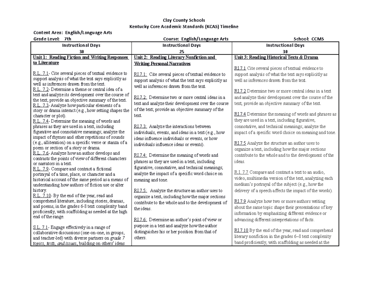 7.ELA - Guide - Kentucky Core Academic Standards (KCAS) Timeline ...