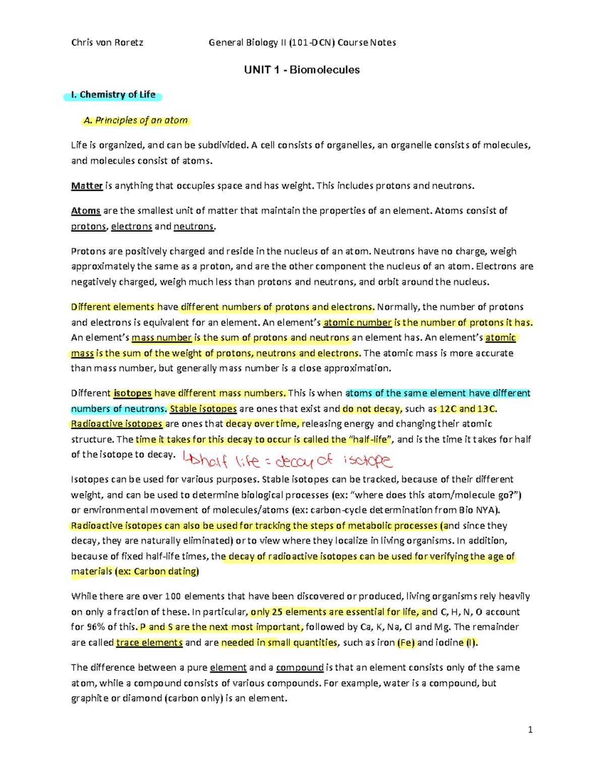 0. Unit 1 Notes - UNIT 1 - Biomolecules I. Chemistry of Life A ...