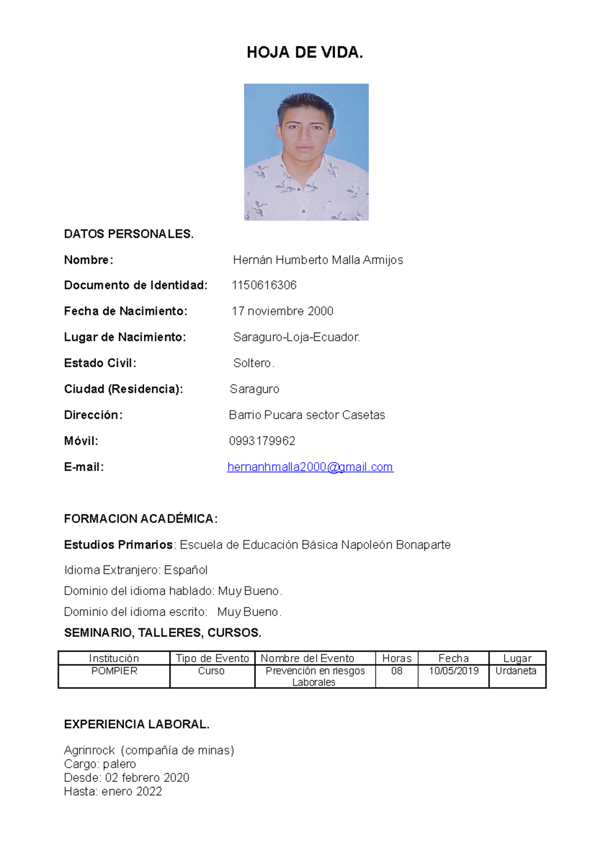 Hoja de vida Hernan Malla - HOJA DE VIDA. DATOS PERSONALES. Nombre: Hernán Humberto Malla ...