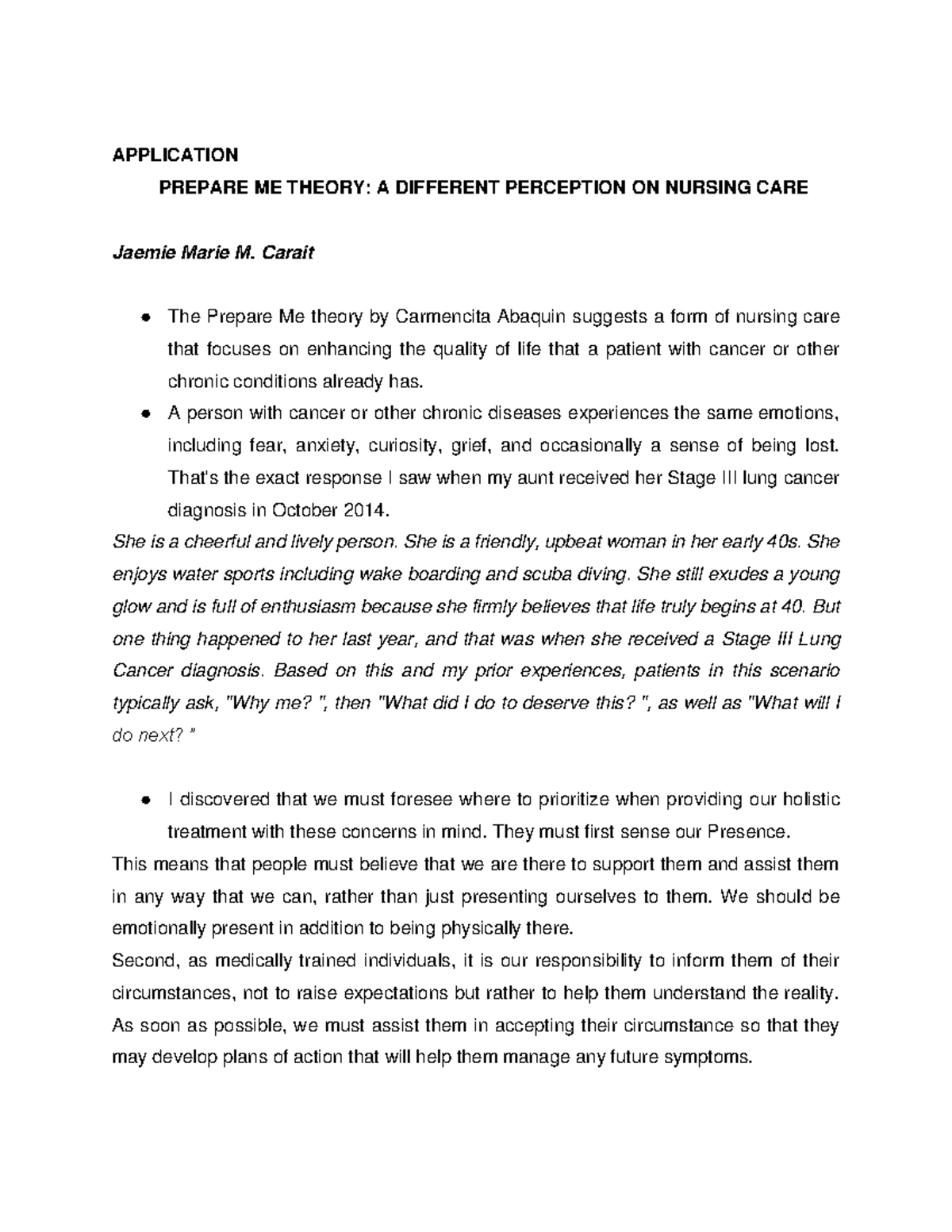 Prepare Me Theory- A Different Perception on Nursing Care - APPLICATION ...