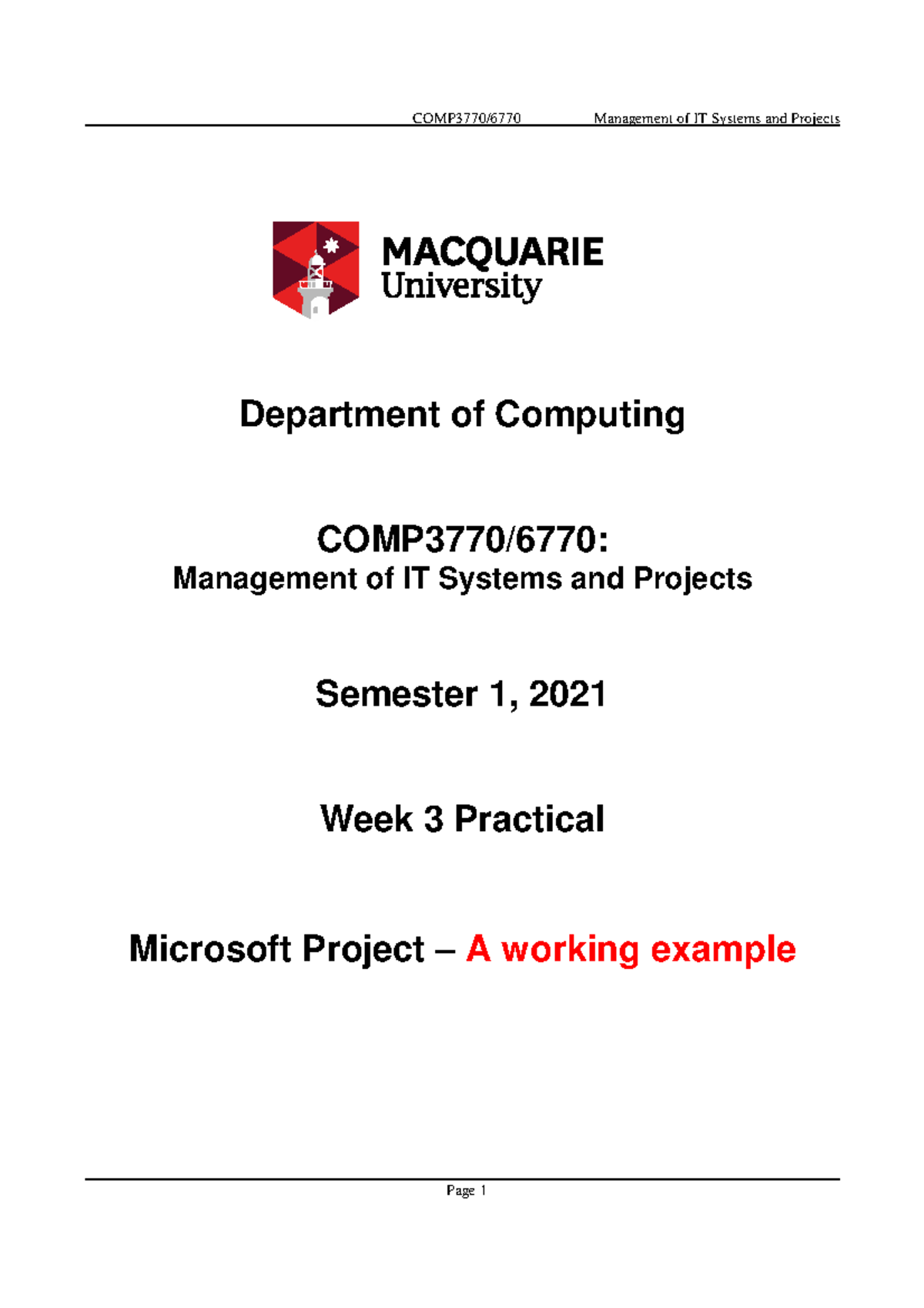 Week 3 - week 3 - Department of Computing COMP3770/6770: Management of ...