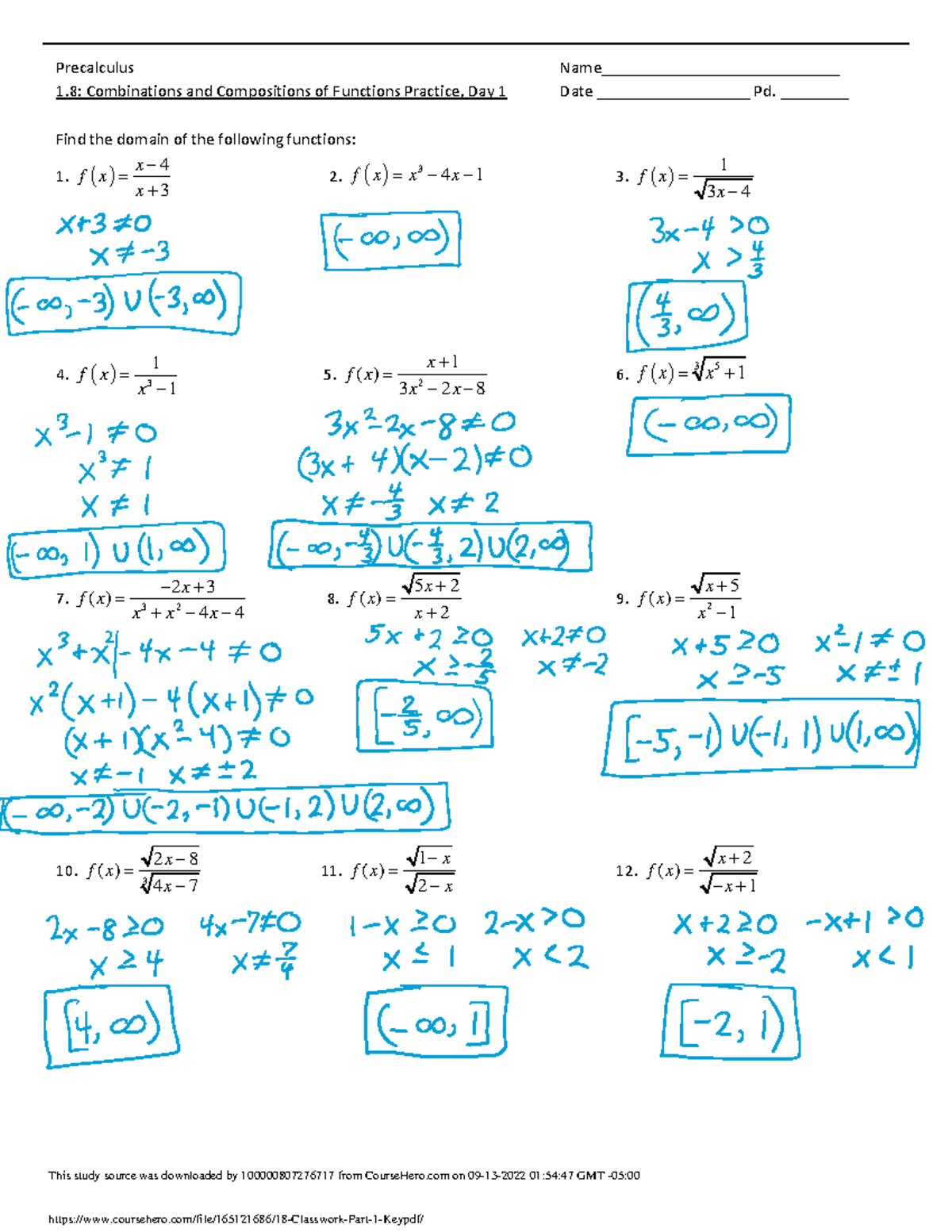1 1 8 Classwork Part 1 Key Precalculus Name 1 Combinations And