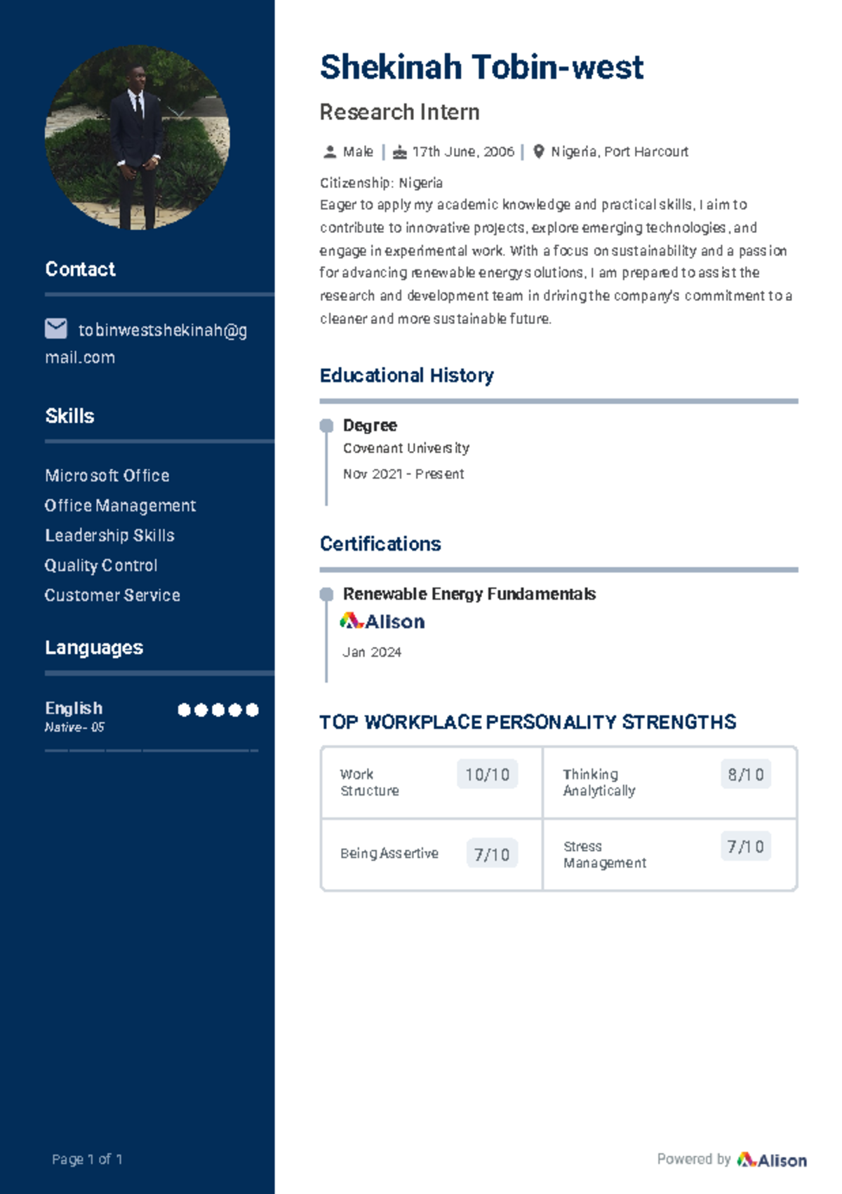 CV sample from Alison - Contact tobinwestshekinah@g mail Skills ...