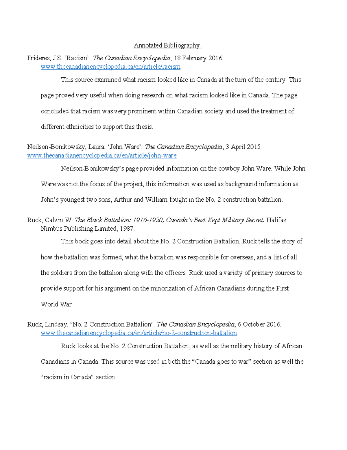 Annotated Bibliography - Annotated Bibliography Frideres, J. ‘Racism ...
