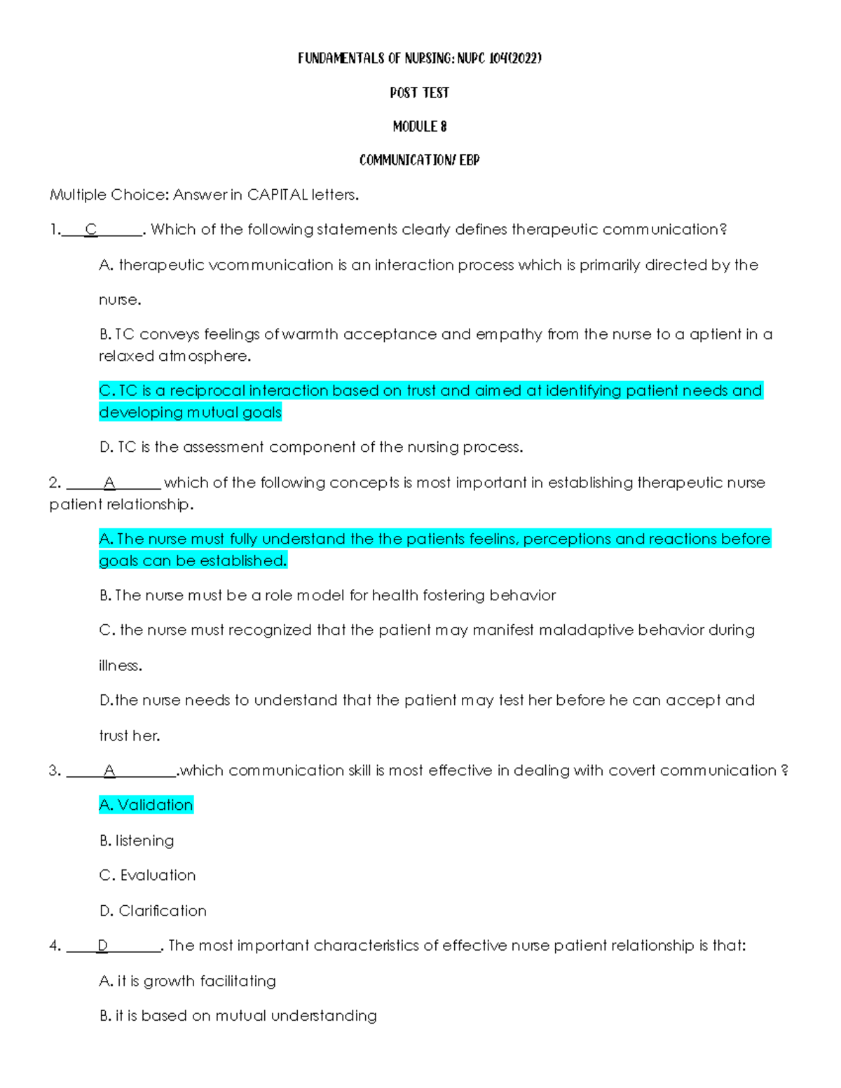 POST TEST Module 8 - activity - FUNDAMENTALS OF NURSING: NUPC 104(2022 ...