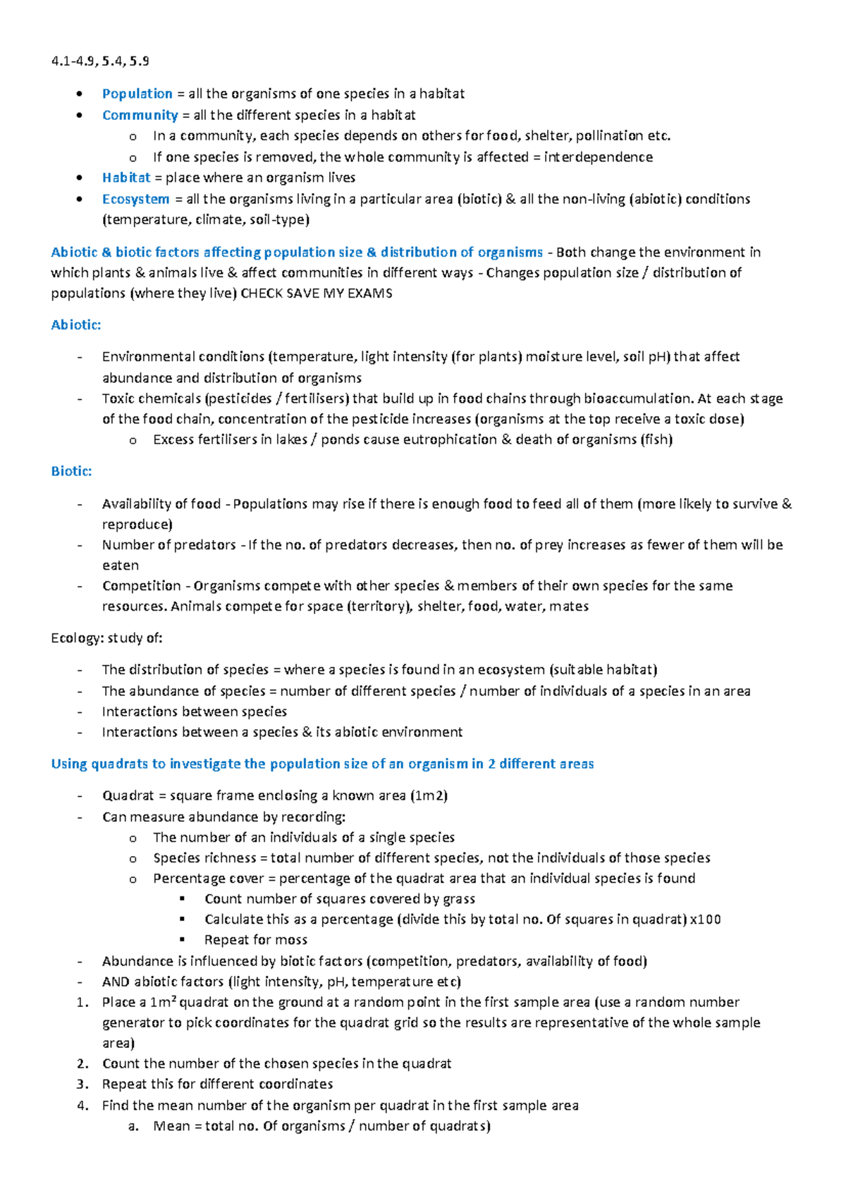 Biology GCSE Ecosystems notes - 4.1-4, 5, 5. Population = all the ...