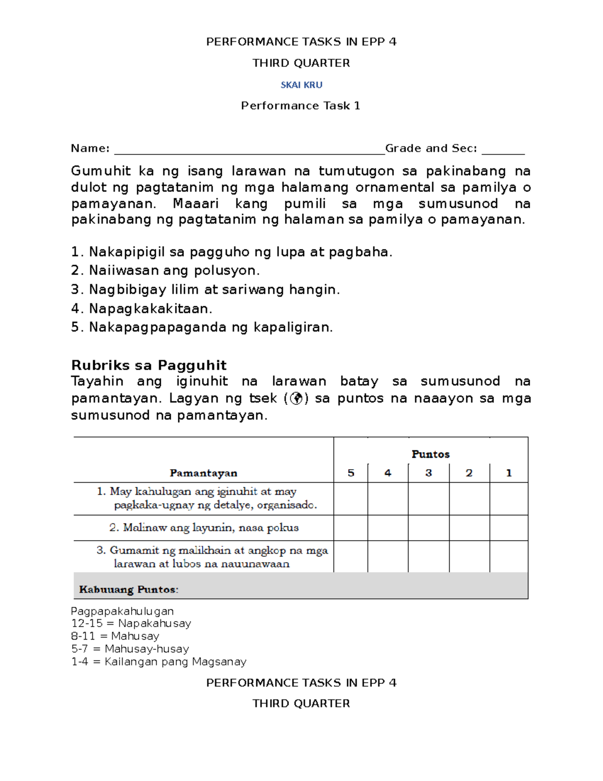 G4 PT Q3 EPP - PERIODIC TEST - PERFORMANCE TASKS IN EPP 4 THIRD QUARTER ...