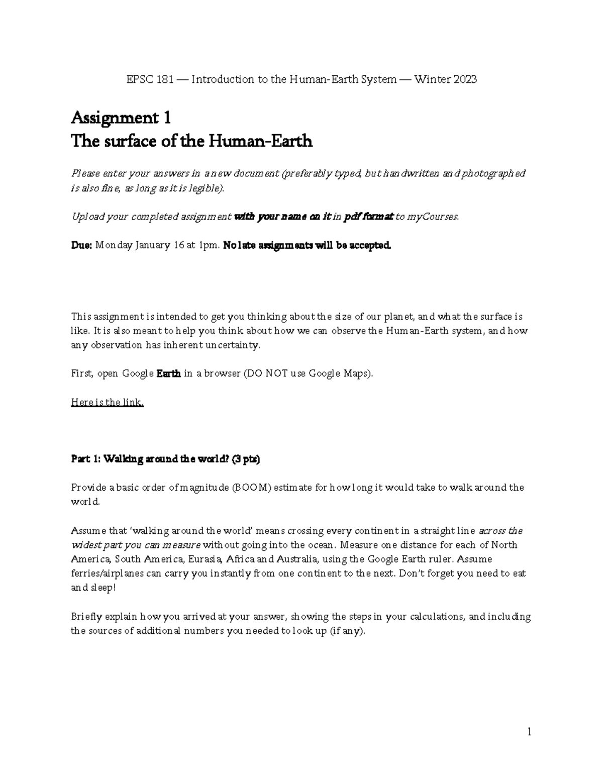 Assignment 1-3 - Summary energy and environment - 1 EPSC 181 — Introduction to the Human-Earth ...