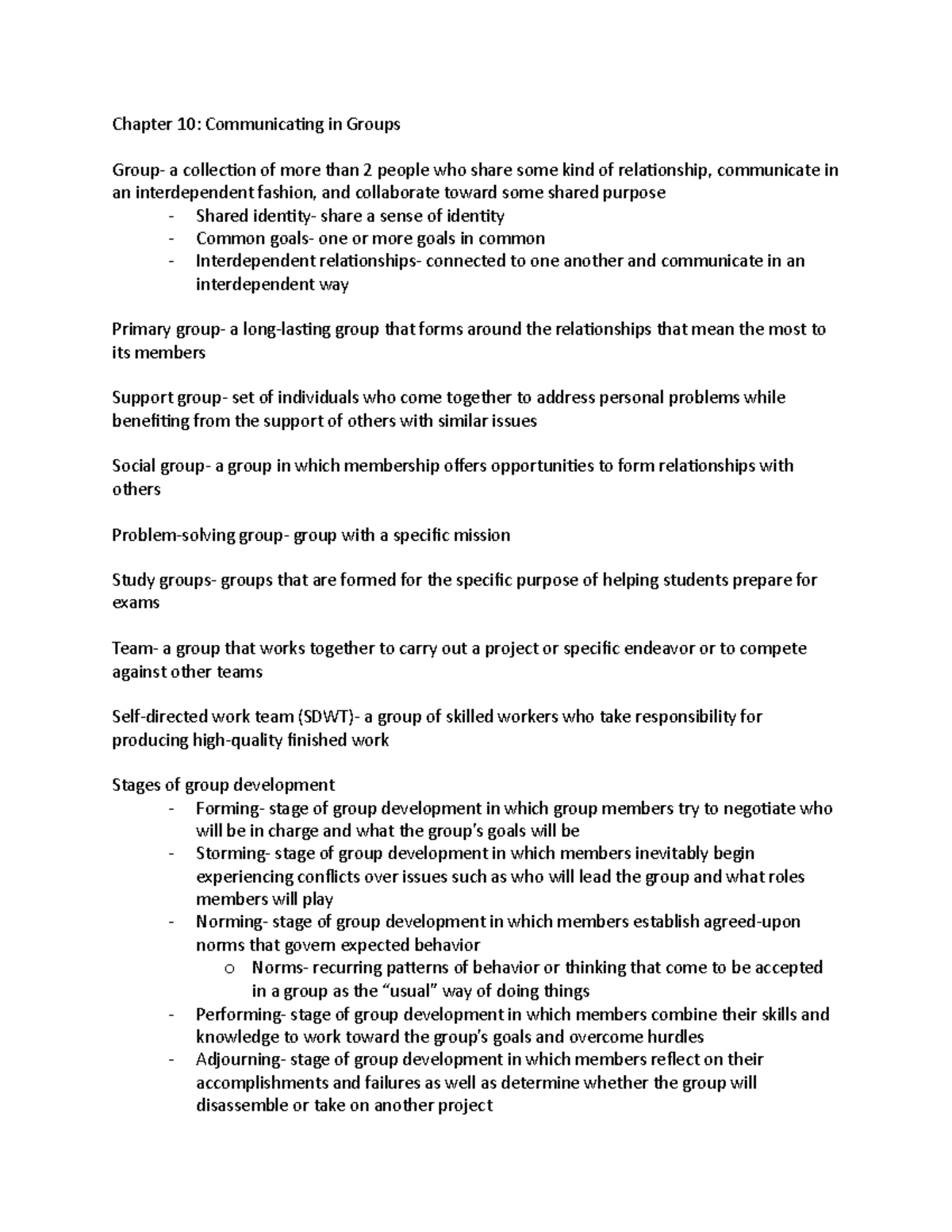 Chapter 10 notes - Chapter 10: Communicating in Groups Group- a ...