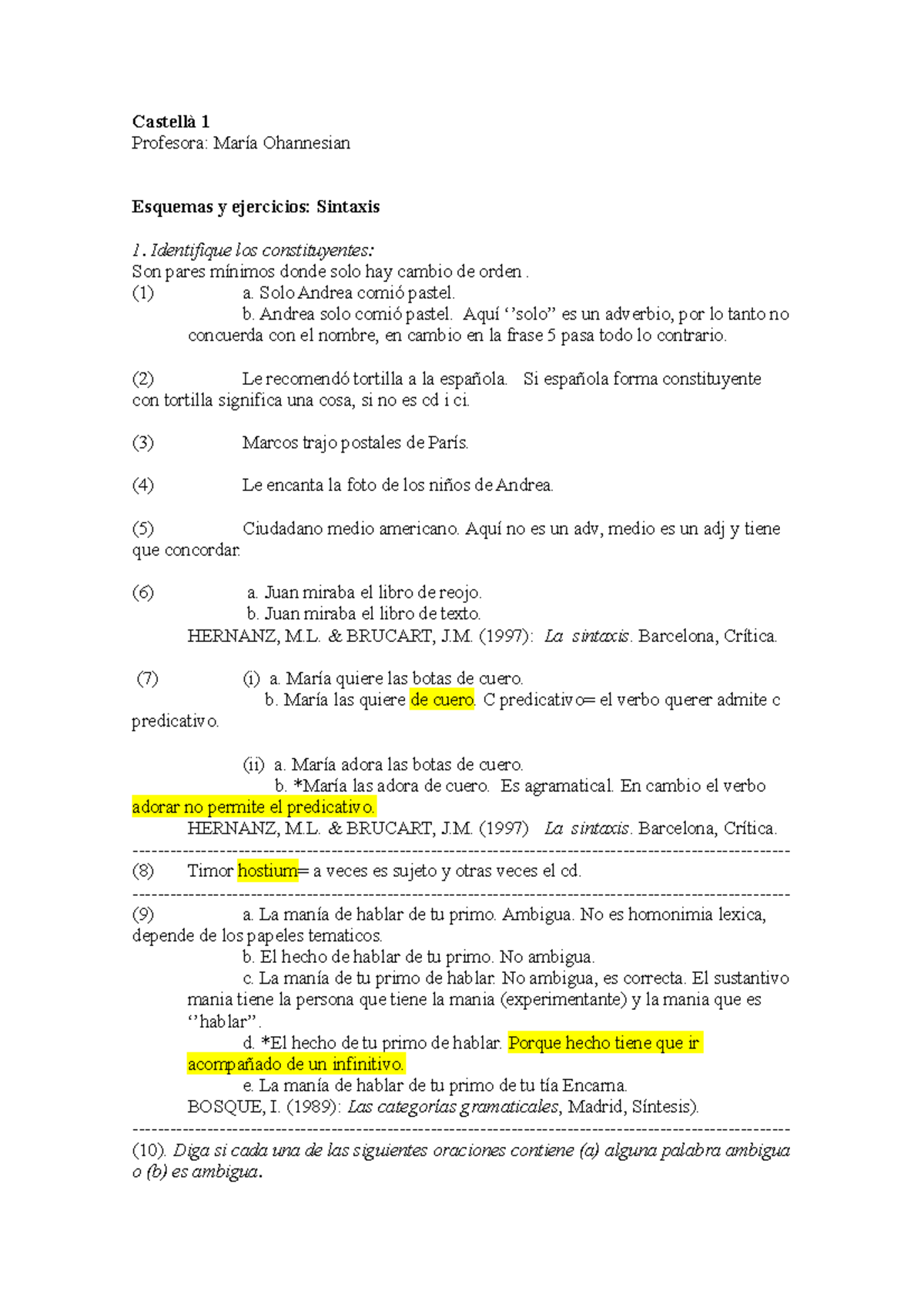 Sintaxis - Castellà 1 Profesora: María Ohannesian Esquemas y ejercicios ...