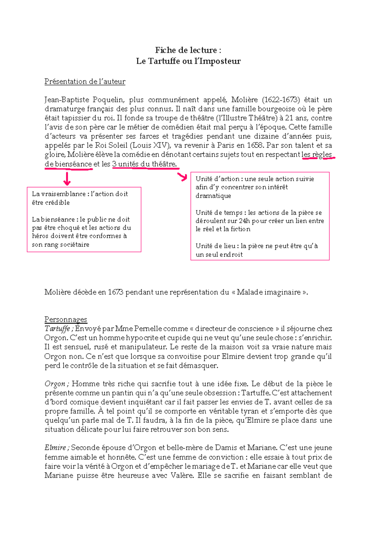 Fiche de lecture Tartuffe - Fiche de lecture : Le Tartuffe ou l ...