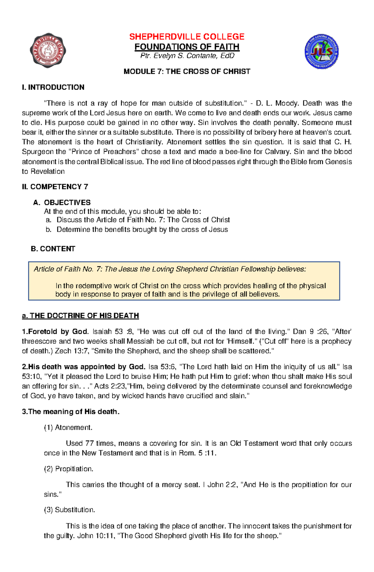 M7 - Few - SHEPHERDVILLE COLLEGE FOUNDATIONS OF FAITH Ptr. Evelyn S ...
