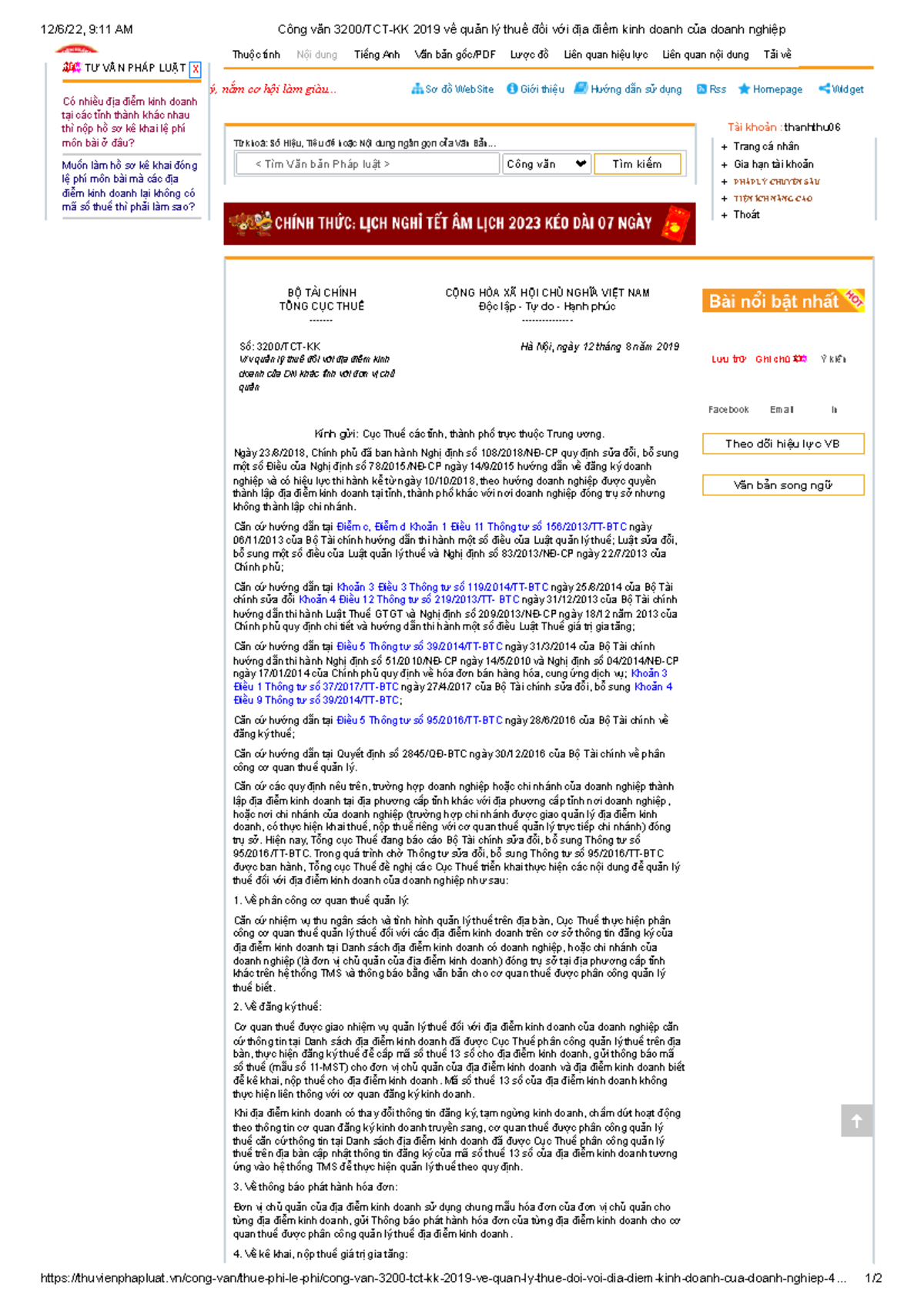 23. Địa điểm kinh doanh Công văn 3200 TCT-KK 2019 về quản lý thuế đối ...