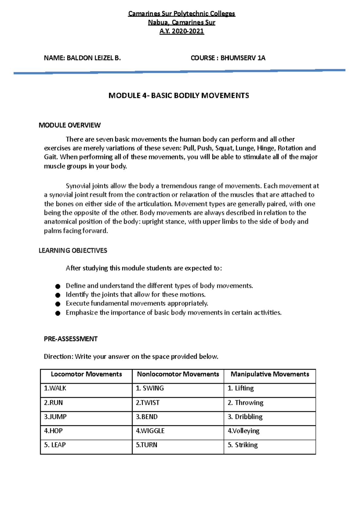 PE 1 Module 4-Basic Bodily Movements - Camarines Sur Polytechnic ...