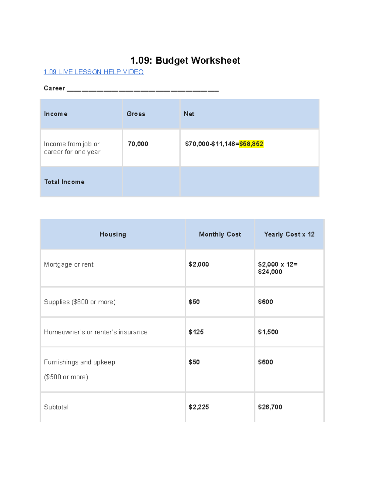 Blah blah blah - Economics - 1: Budget Worksheet 1 LIVE LESSON HELP ...