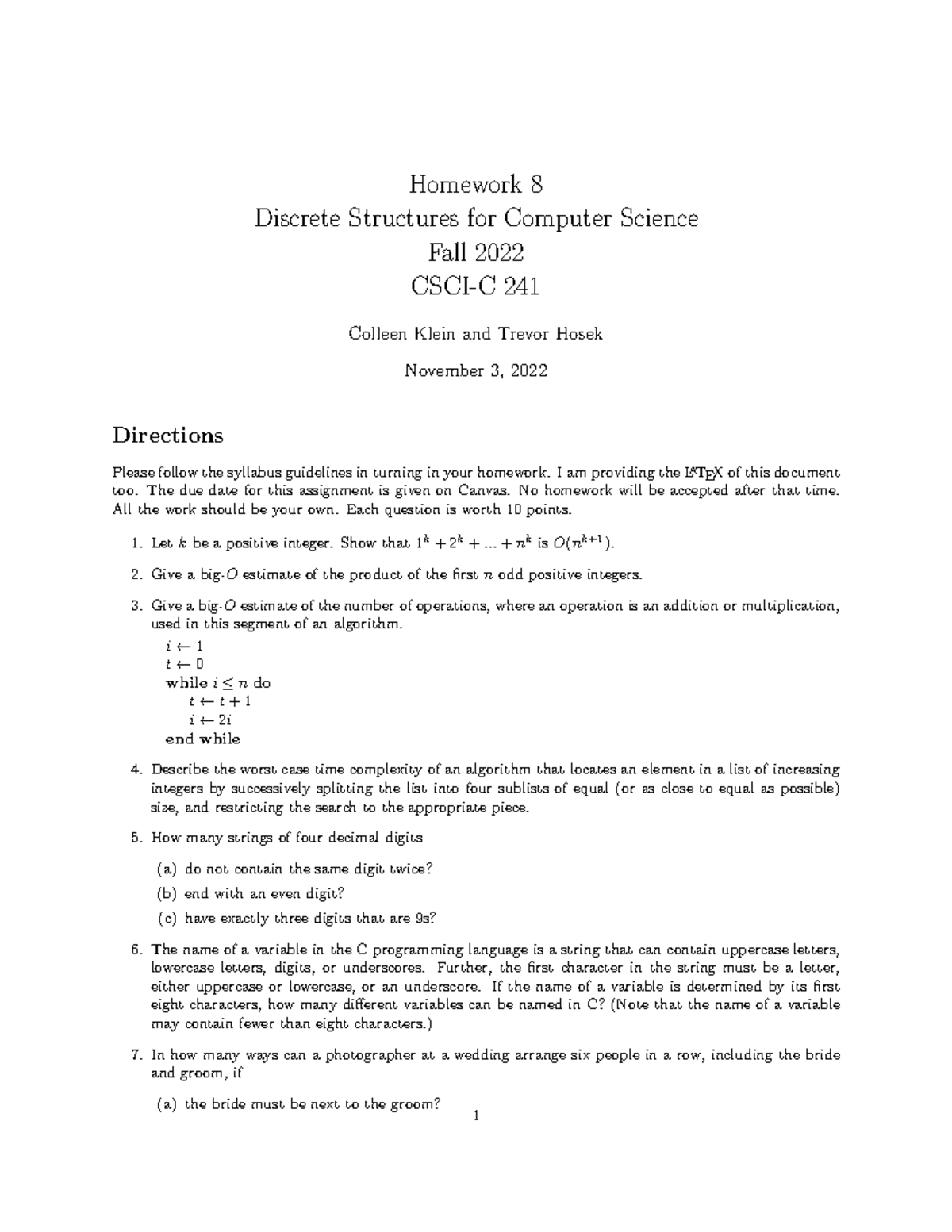 Fall22 C241 hw8 - Chapter 8 Homework - Homework 8 Discrete Structures for Computer Science Fall ...
