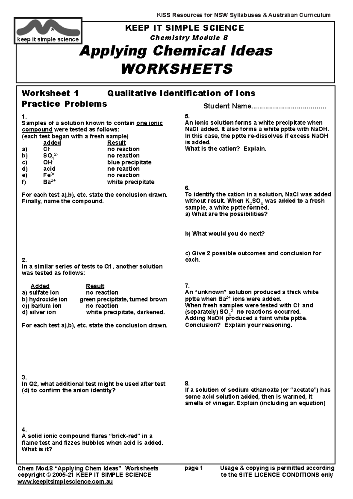 Chem 8 Worksheets - practice materials - page 1 Usage & copying is ...