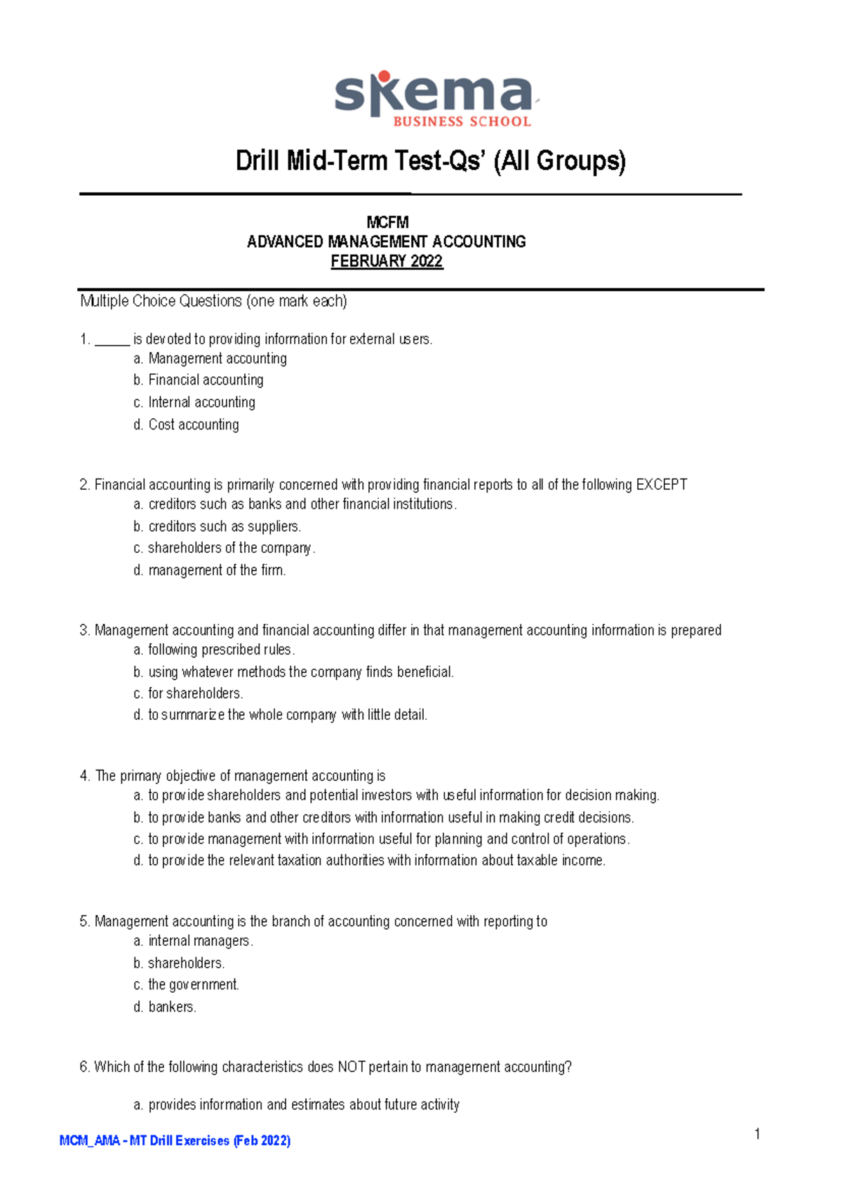 CFM Skema Reporting Midterm - 1 Multiple Choice Questions (one mark ...